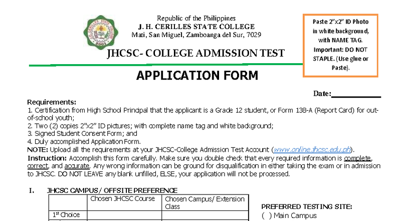 JHCSC Admission Test Application Form Guidelines - Studocu