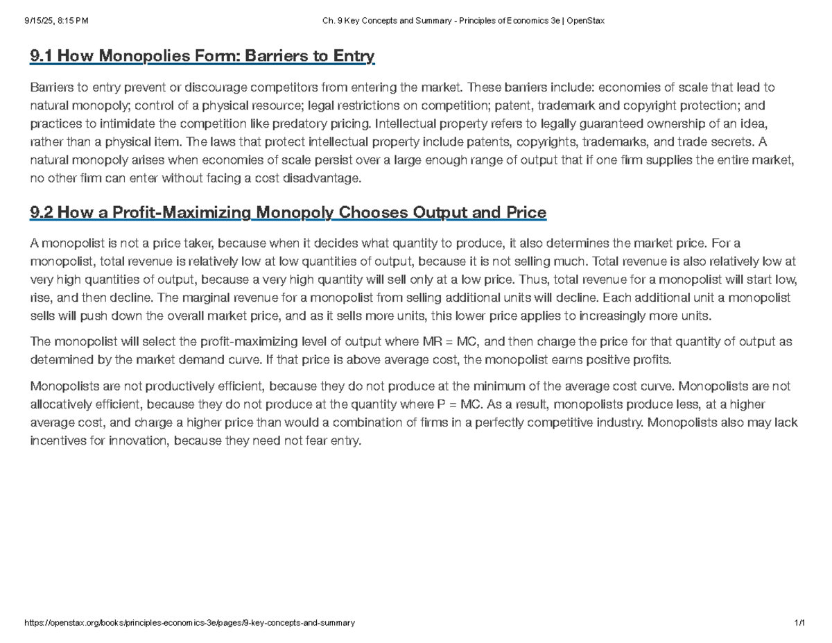 Ch. 9 Key Concepts & Summary - Principles of Economics 3e - Studocu