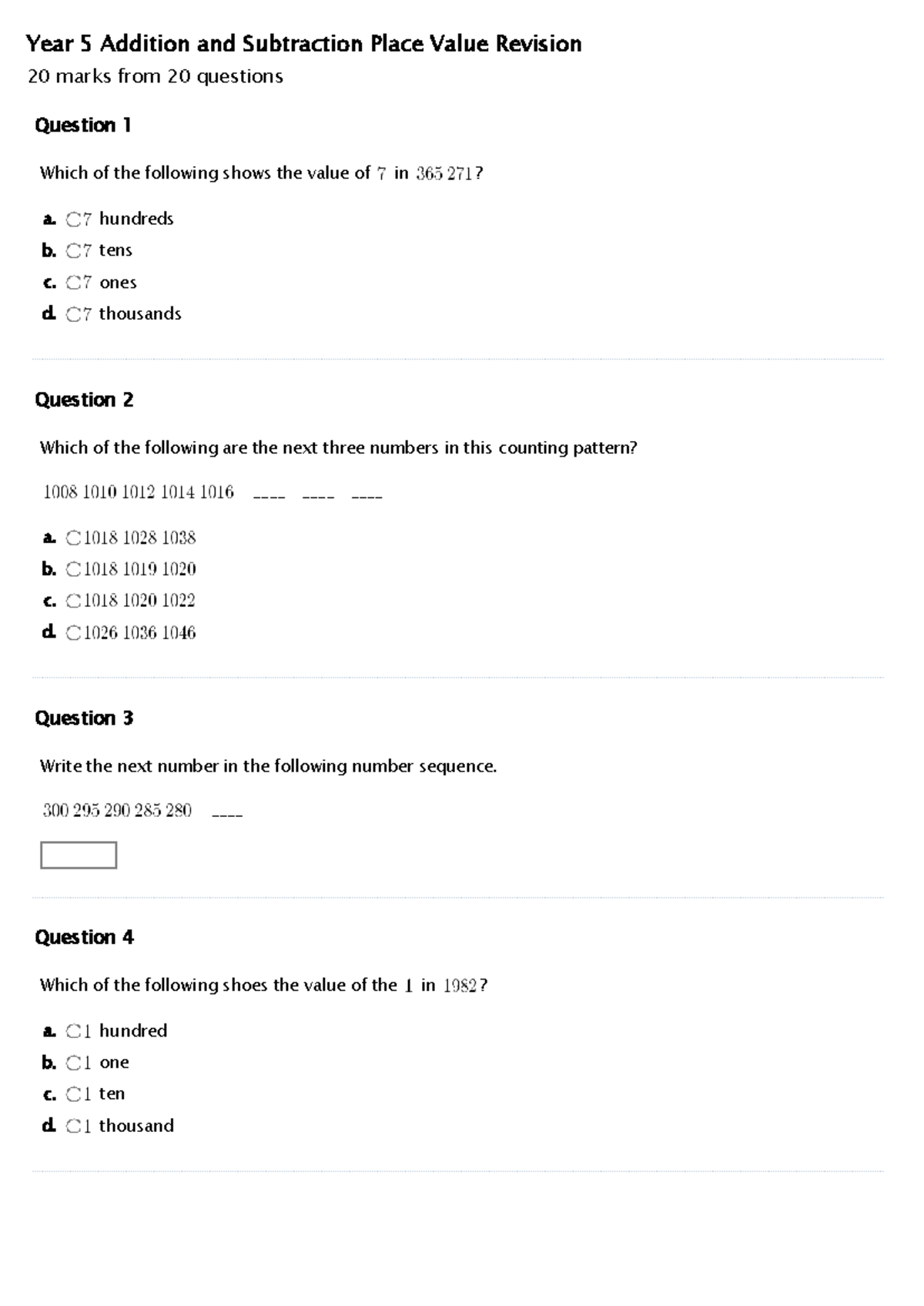 Year 5 Addition & Subtraction Place Value Revision Quiz - Studocu
