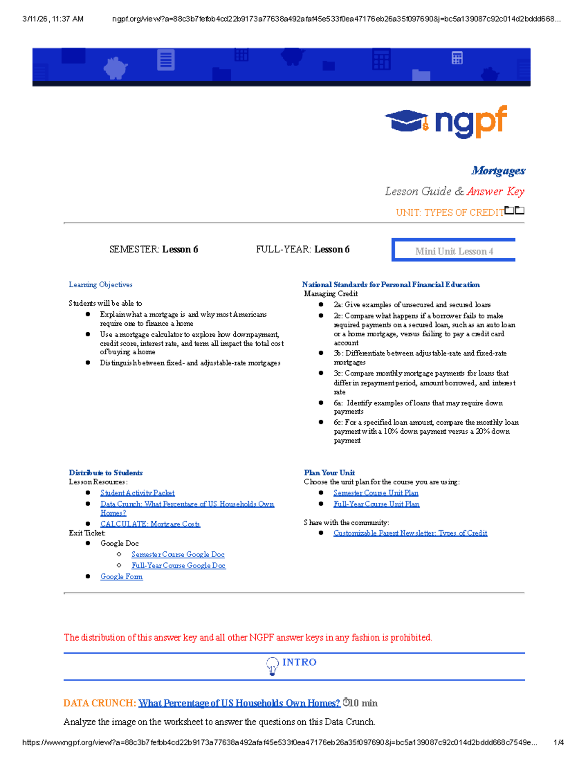 Mortgages Lesson 6 Answer Key - NGPF Unit on Types of Credit - Studocu