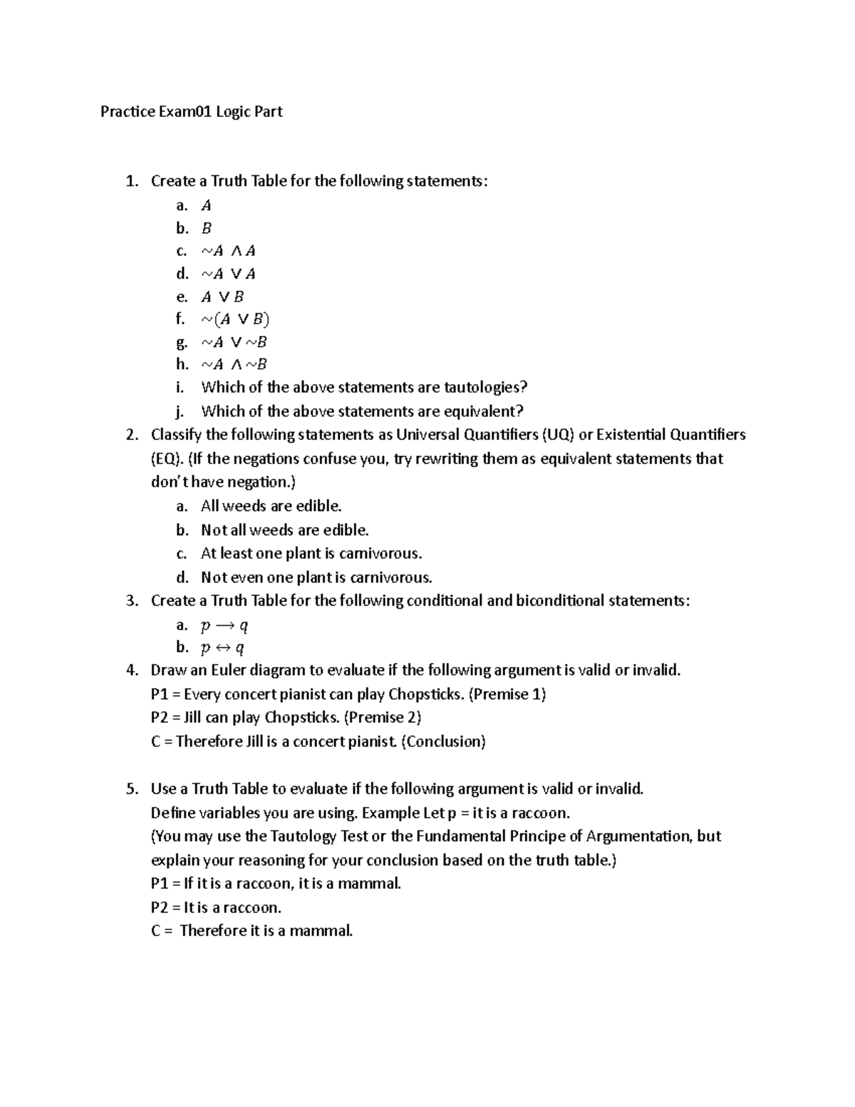Final Exam Practice: Logic & Truth Tables (Course Code) - Studocu