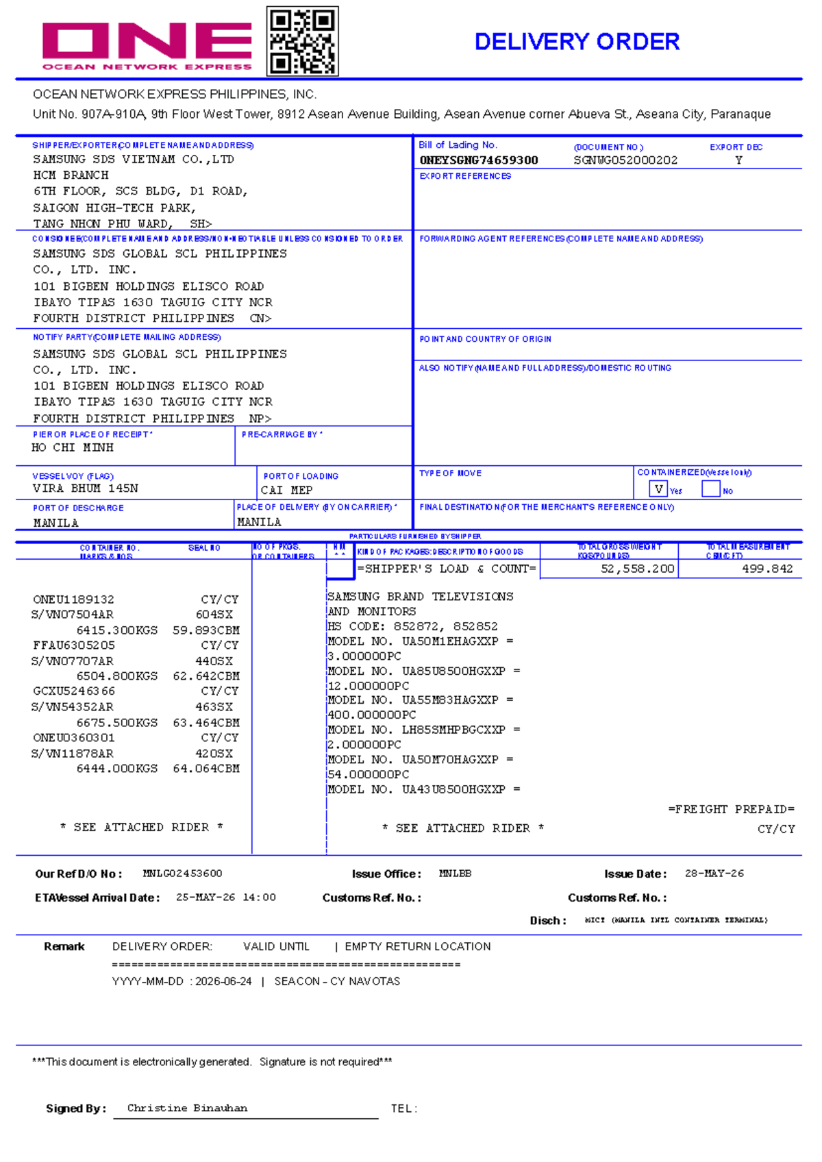 Delivery Order for Samsung Televisions - Ocean Network Express - Studocu