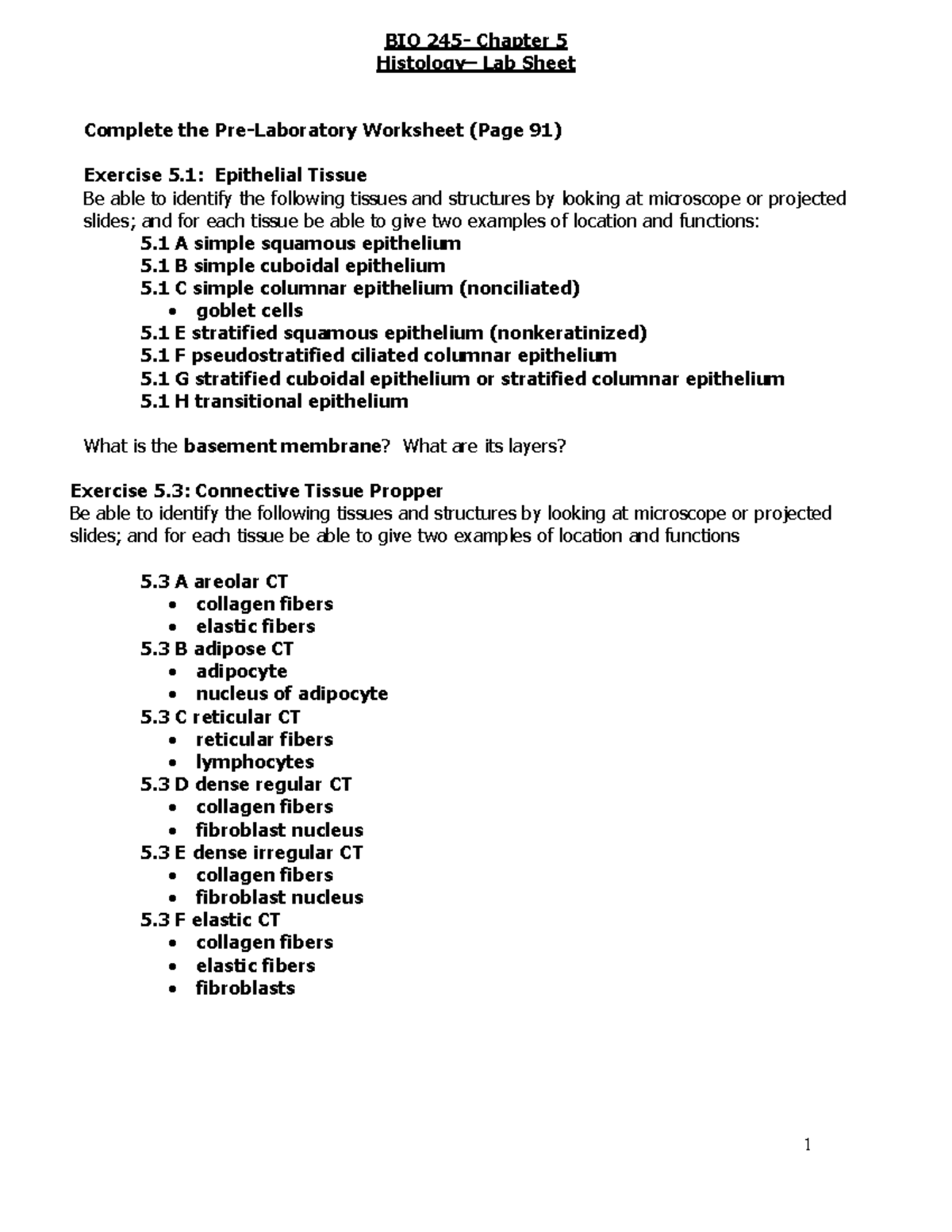 BIO 245 - Chapter 5 Histology Lab Sheet Preparation Guide - Studocu