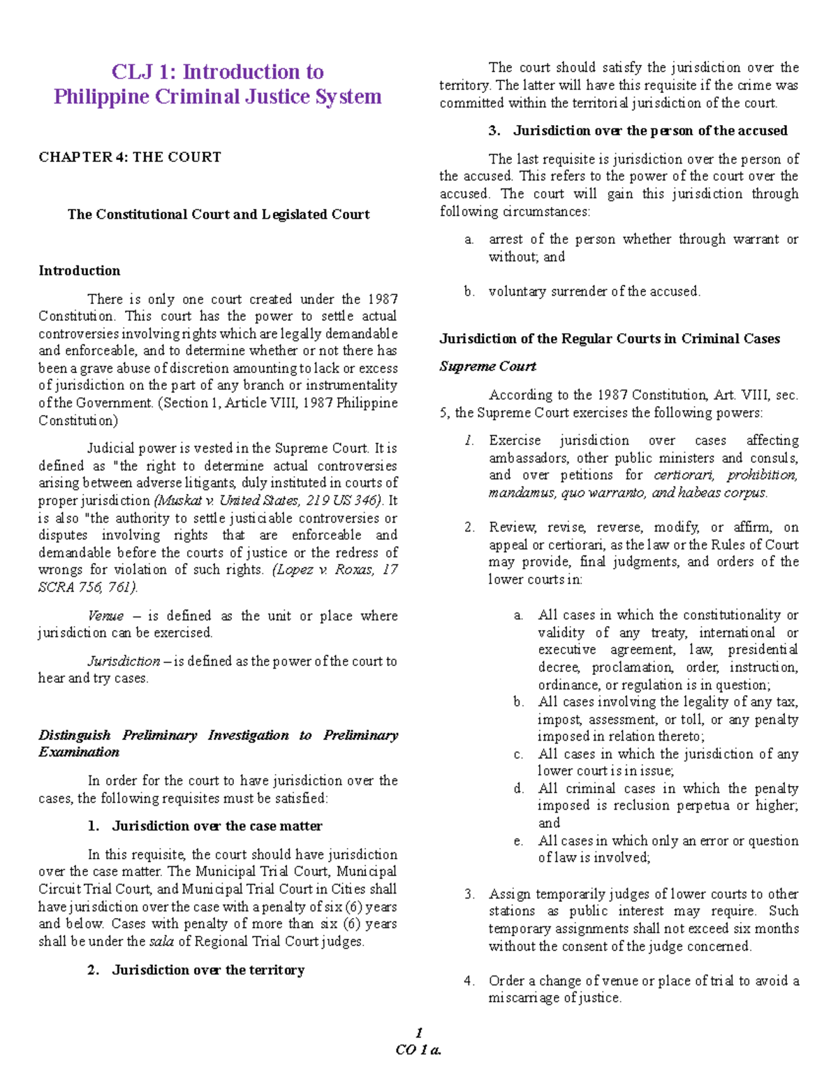 CLJ 1: Chapter 4 - Overview of the Philippine Court System - Studocu