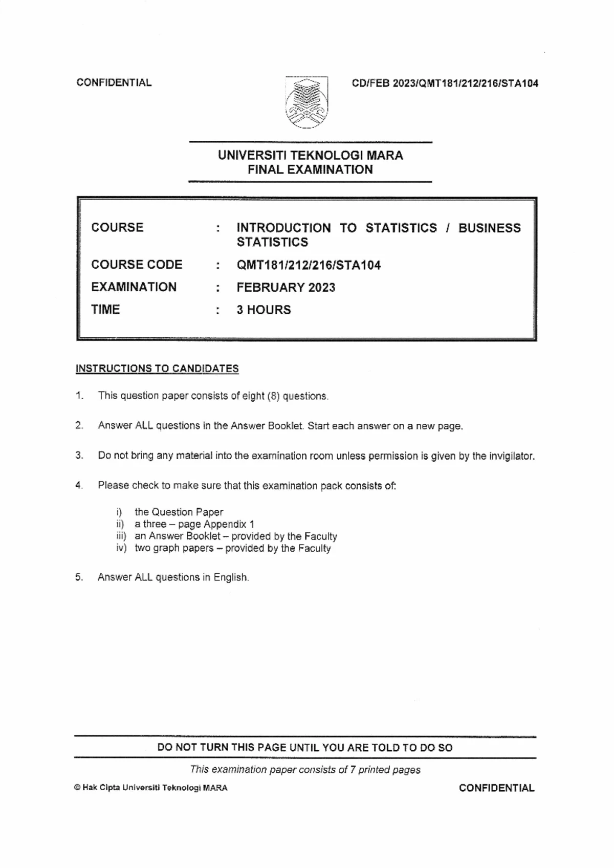 Final examination 2021 STA104 - UNIVERSITI TEKNOLOGI MARA FINAL ...