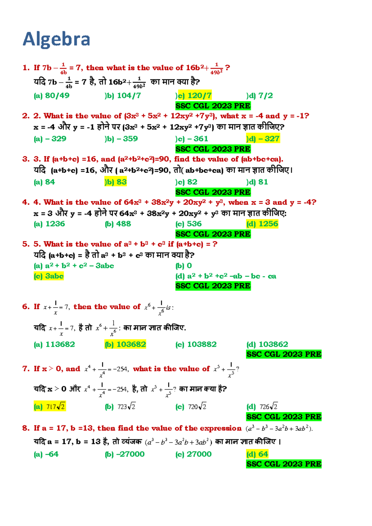 Algebra 1 SSC CGL 2023 PRE Previous Year Questions Notes - Studocu