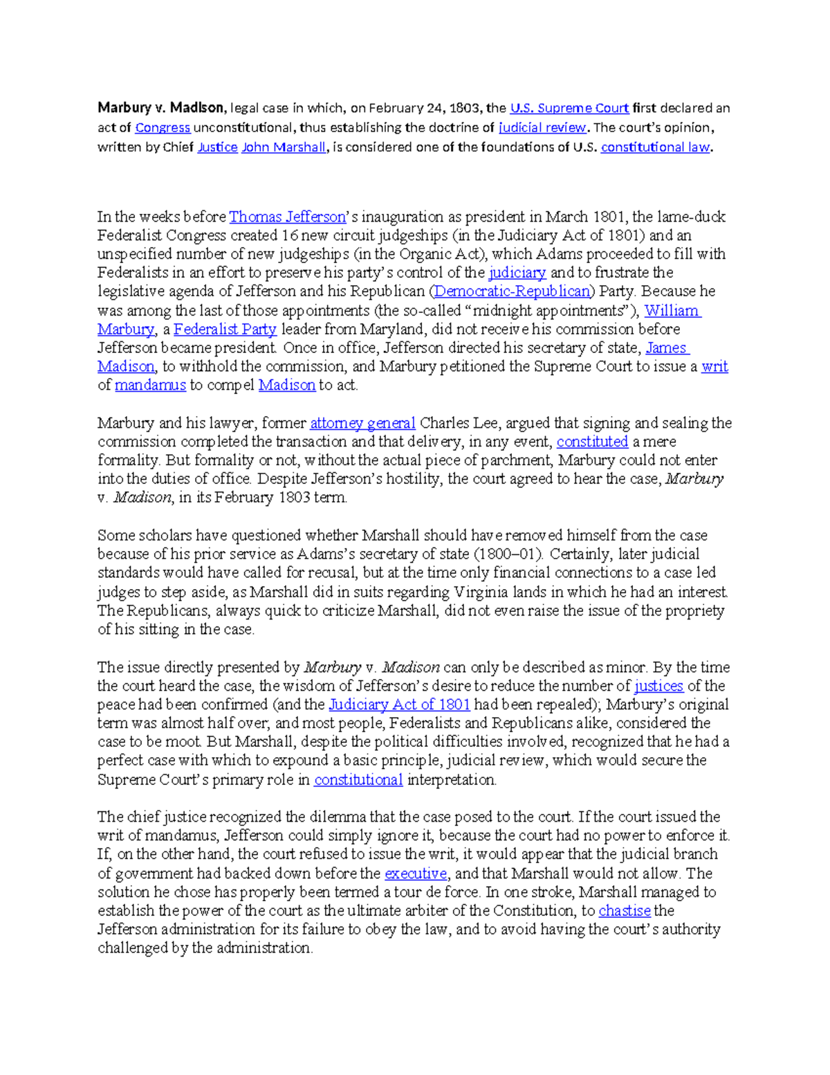 Marbury v. Madison: Landmark Case on Judicial Review (1803) - Studocu