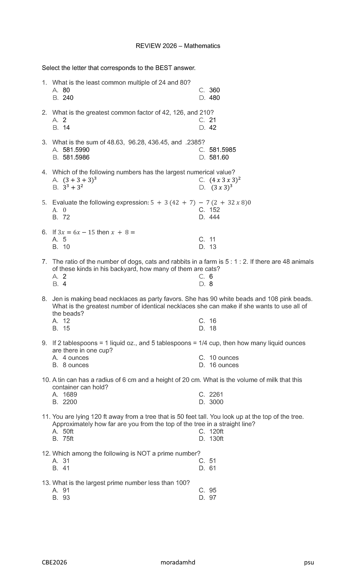 CBE2026 Review: Mathematics Practice Questions and Answers - Studocu