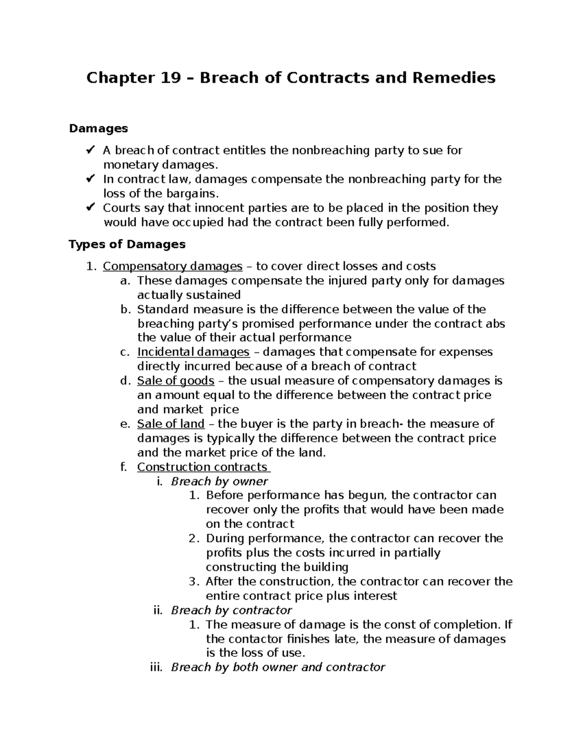 Chapter 19: Breach of Contracts and Remedies Explained - Studocu
