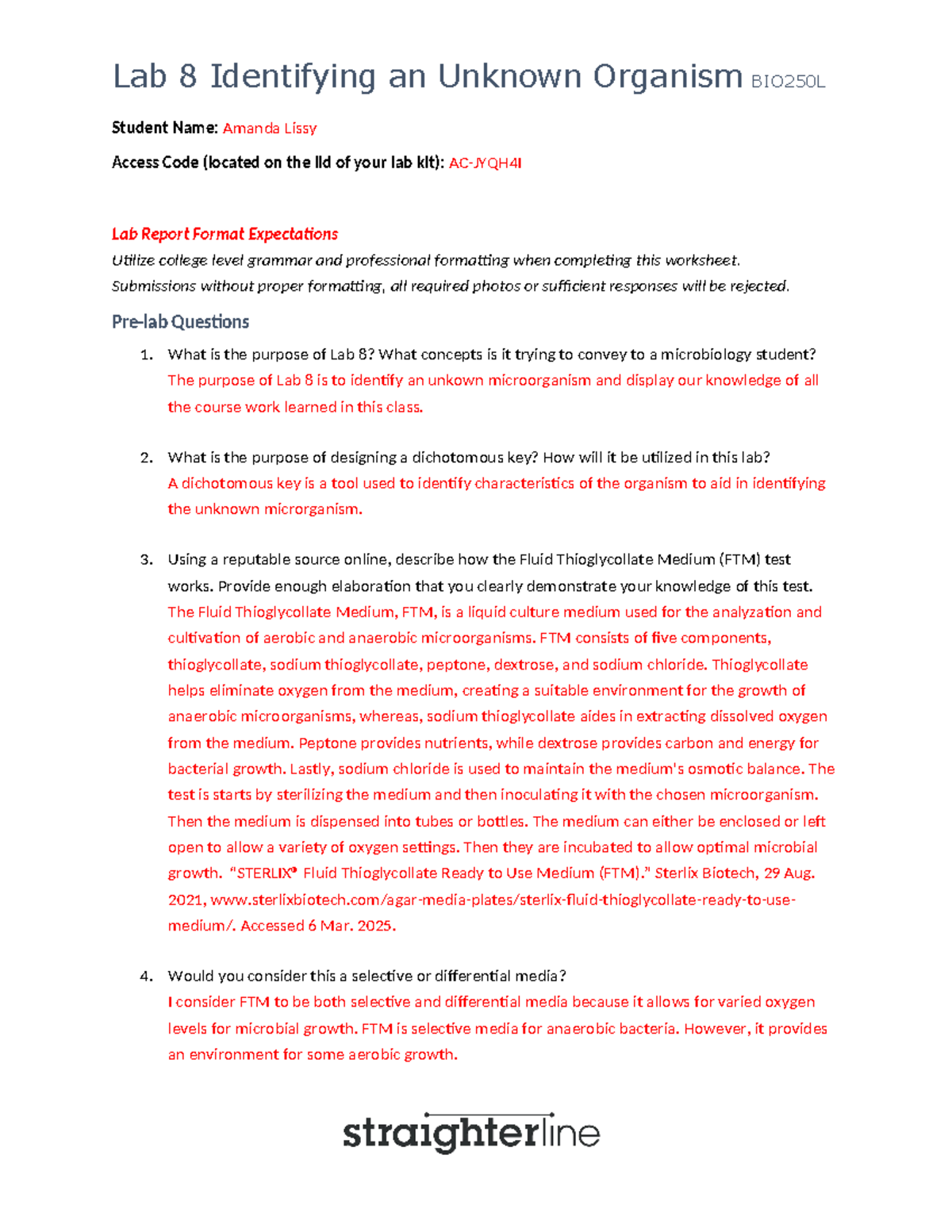 BIO250 Lab 8 - Identifying Unknown Microorganisms with FTM Tests - Studocu