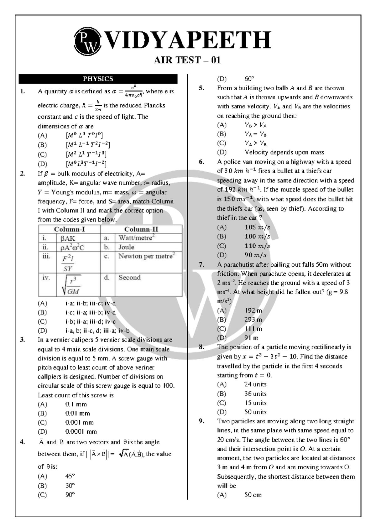AIR Practice Test - 01 Test Paper & Answer Key - VIDYAPEETH AIR TEST ...