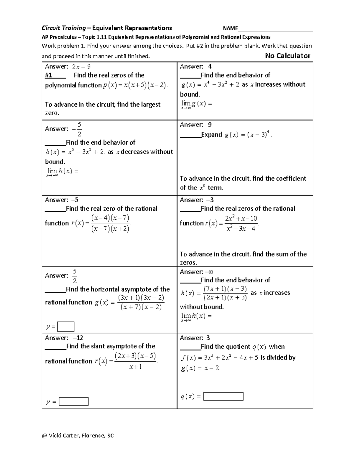 Circuit Training: Equivalent Representations in AP Precalculus (Topic 1 ...