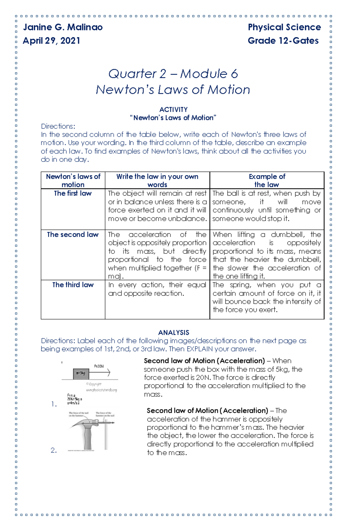Physical Science Q2 M6 - Quarter 2 – Module 6 Newton’s Laws of Motion ...