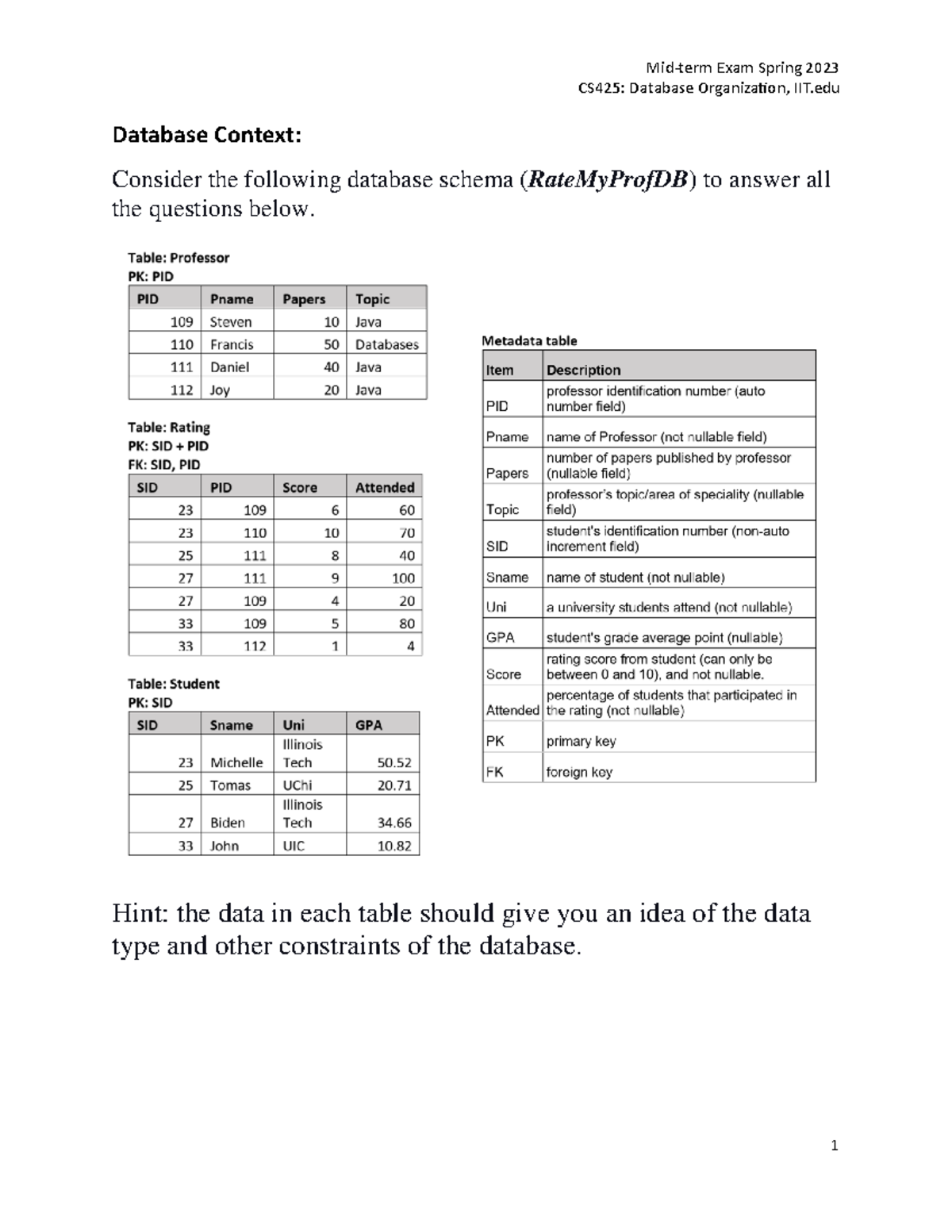 CS 425 sample midterm - practice materials - CS425: Database ...