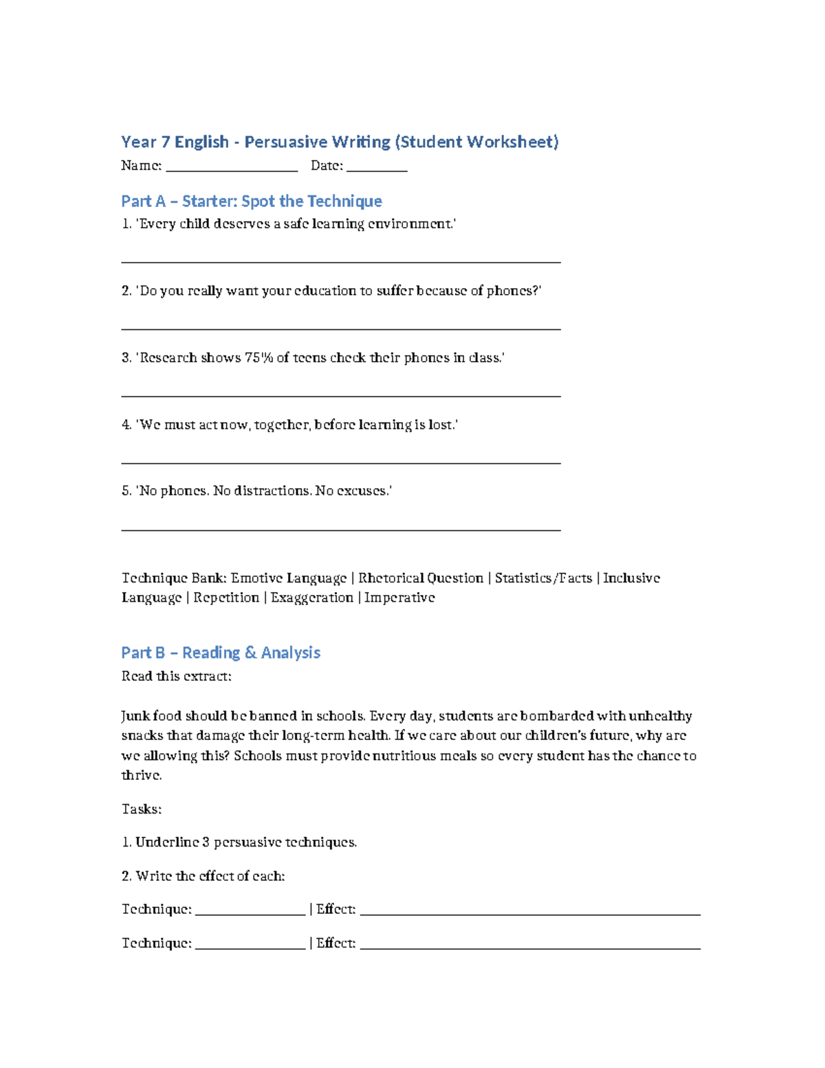 Year 7 English Persuasive Writing Techniques Worksheet - Studocu