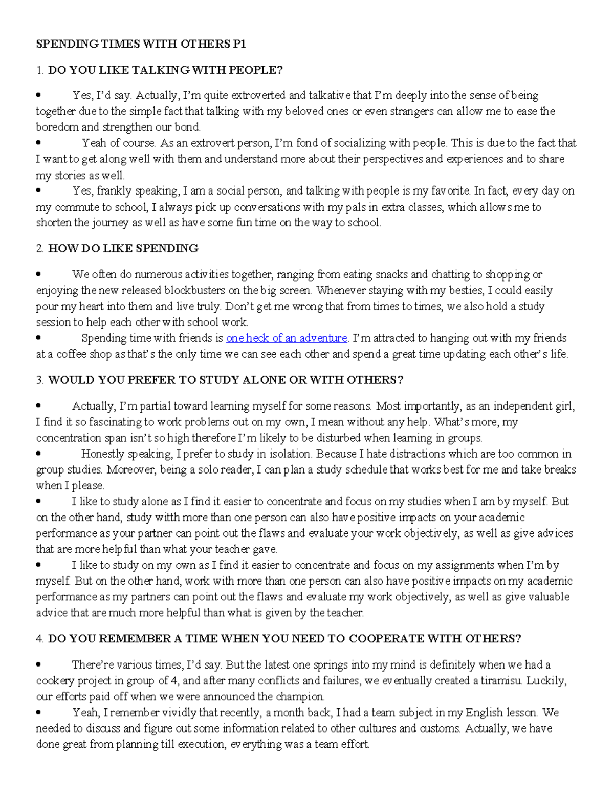 SPENDING TIME WITH OTHERS: SPEAKING EXAMPLE P1 - Studocu