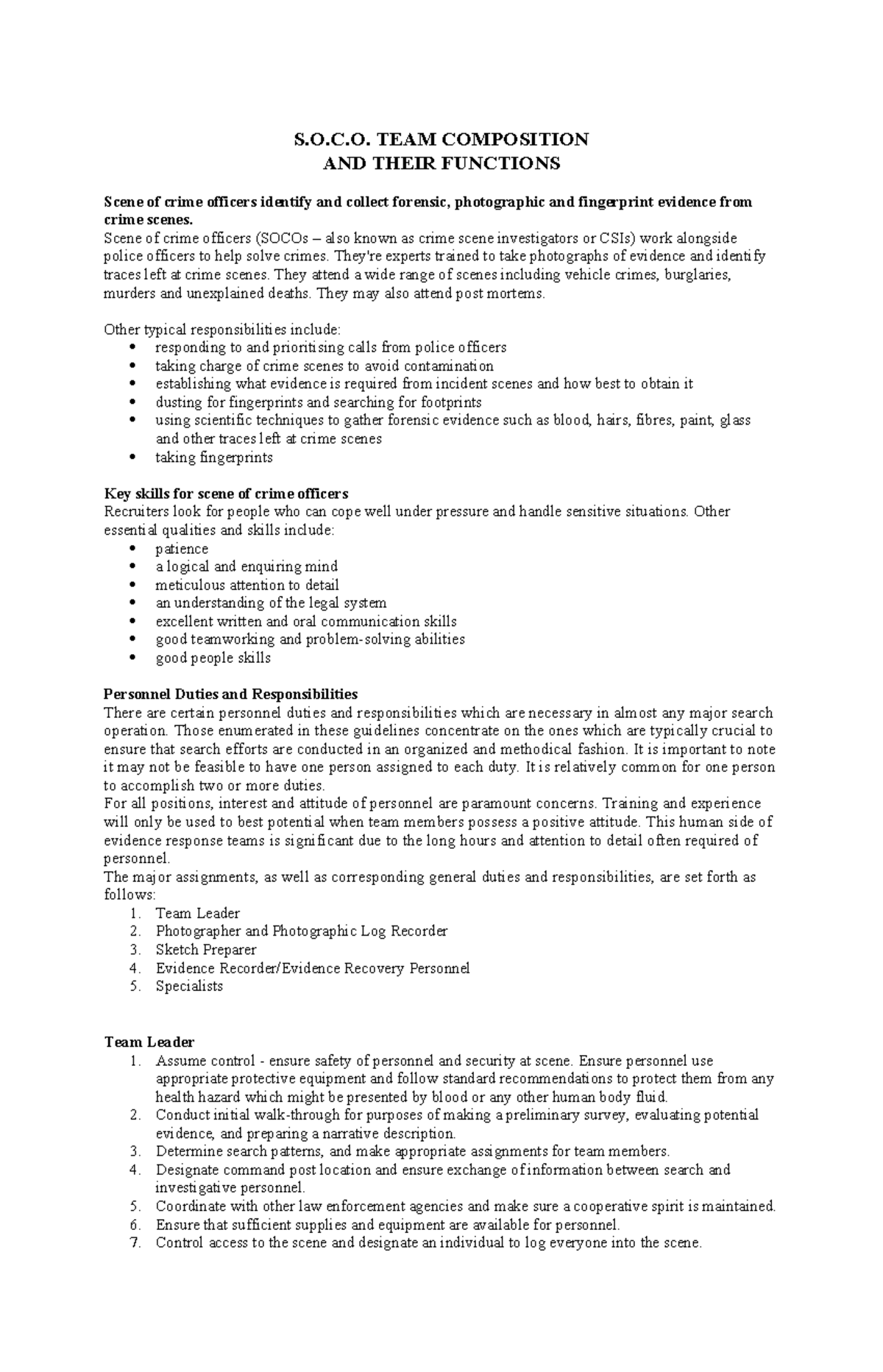 SOCO Team Roles and Responsibilities: Forensic Evidence Gathering - Studocu