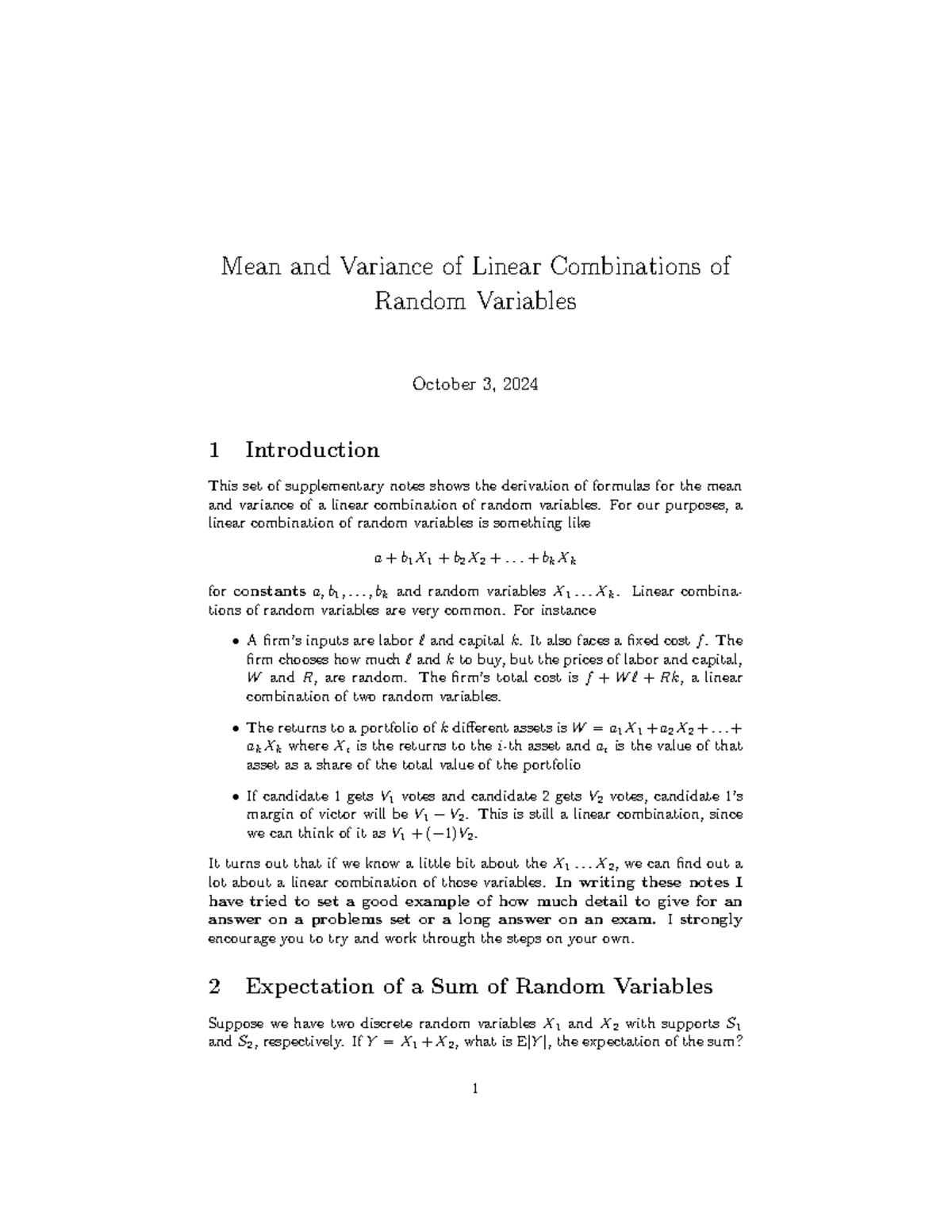 Mean and Variance of Linear Combinations of Random Variables Notes ...