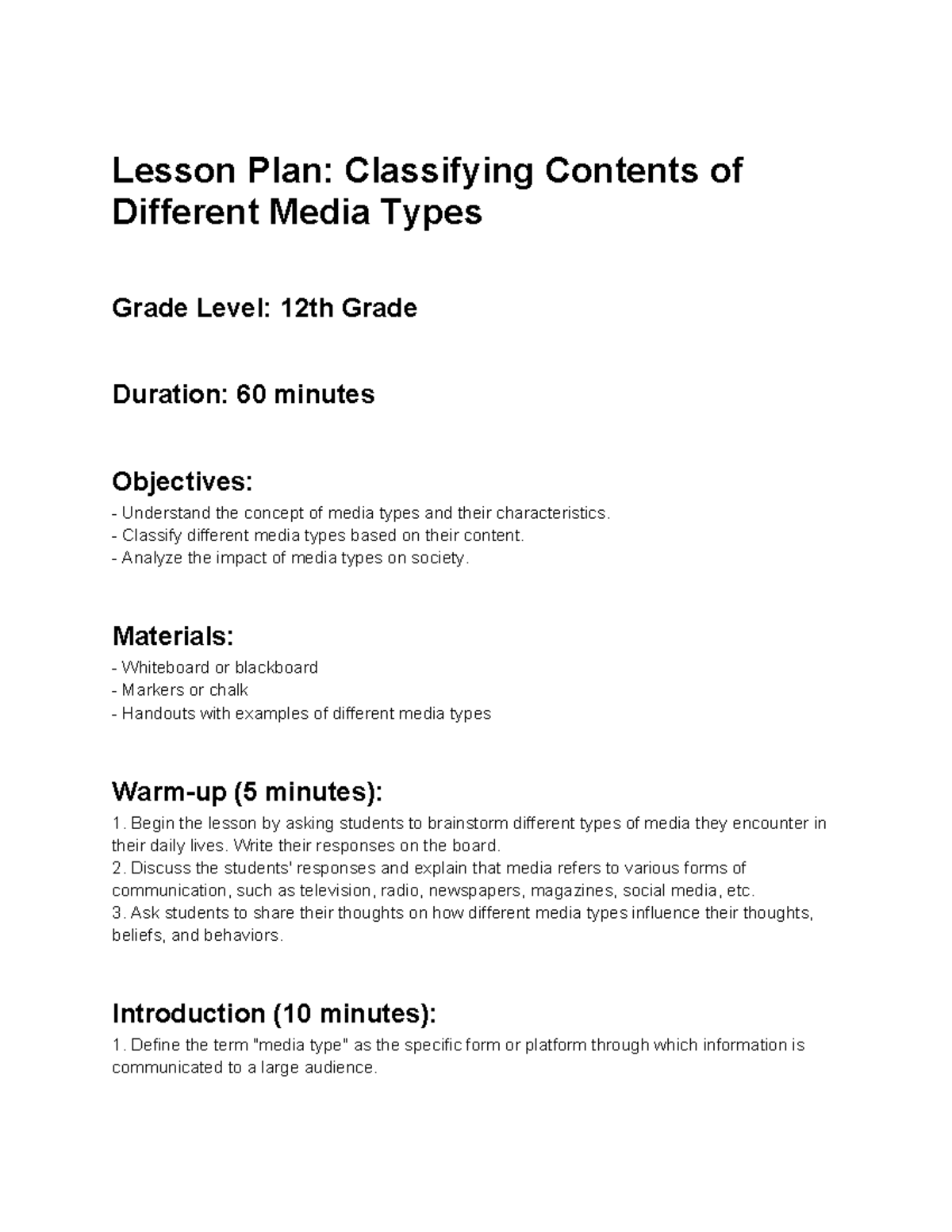 Lesson Plan: Classifying Media Types and Analyzing Their Impact - Studocu