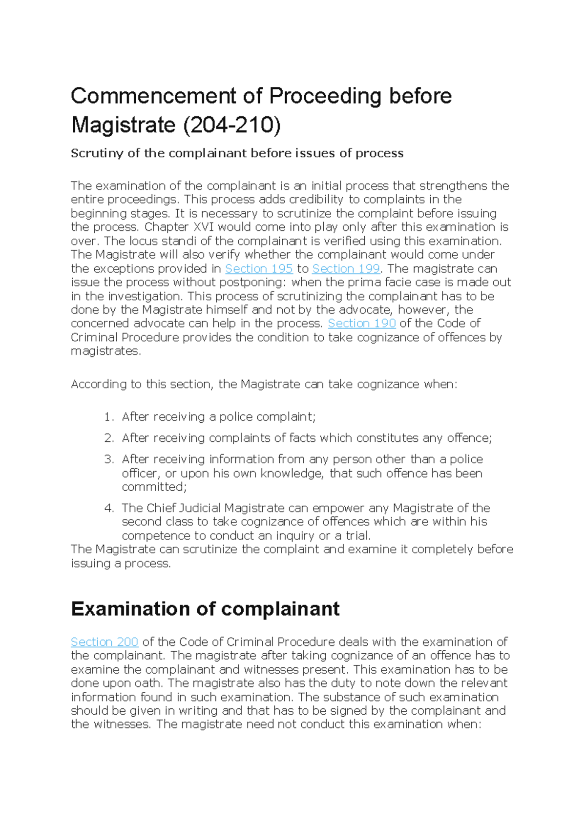 CRPC2: Examination of Complainant and Magistrate's Jurisdiction - Studocu