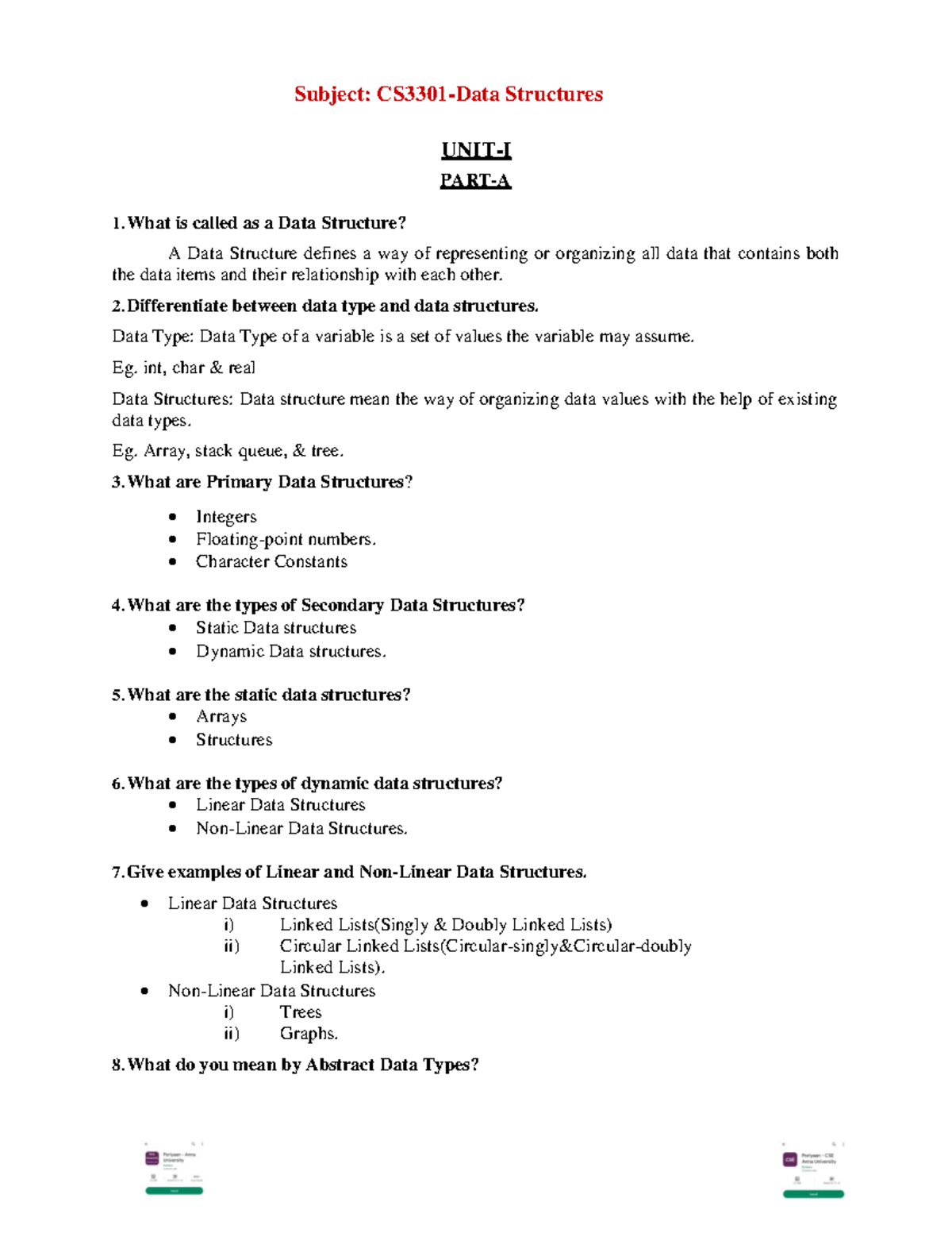CS3301 Data Structure - 2 Mark Questions & Answers Overview - Studocu