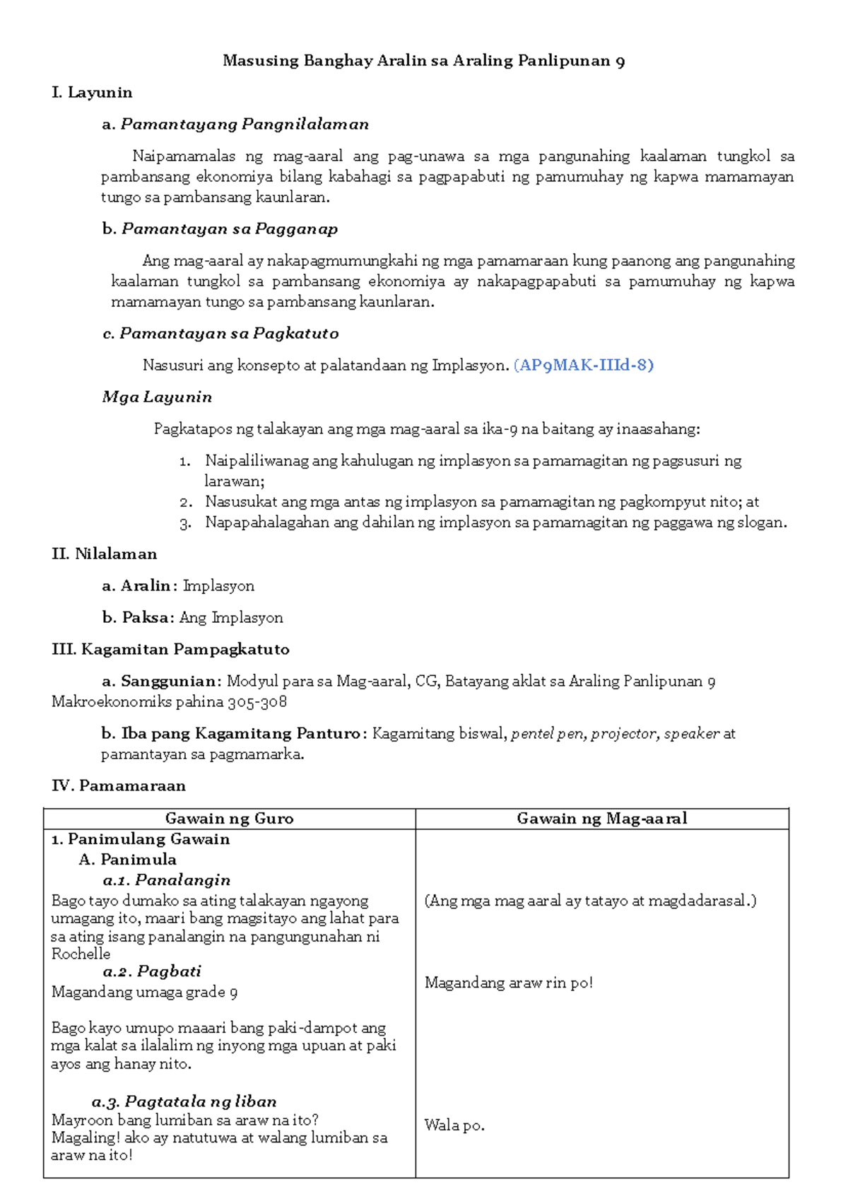 DLP - Masusing Banghay Aralin sa Implasyon para sa AP9 - Studocu