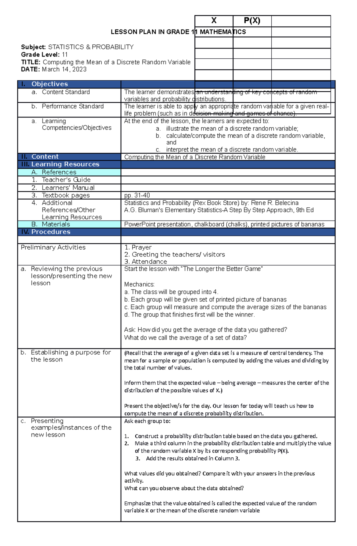LP for Grade 11 Statistics: Computing Mean of Discrete Random Variable ...