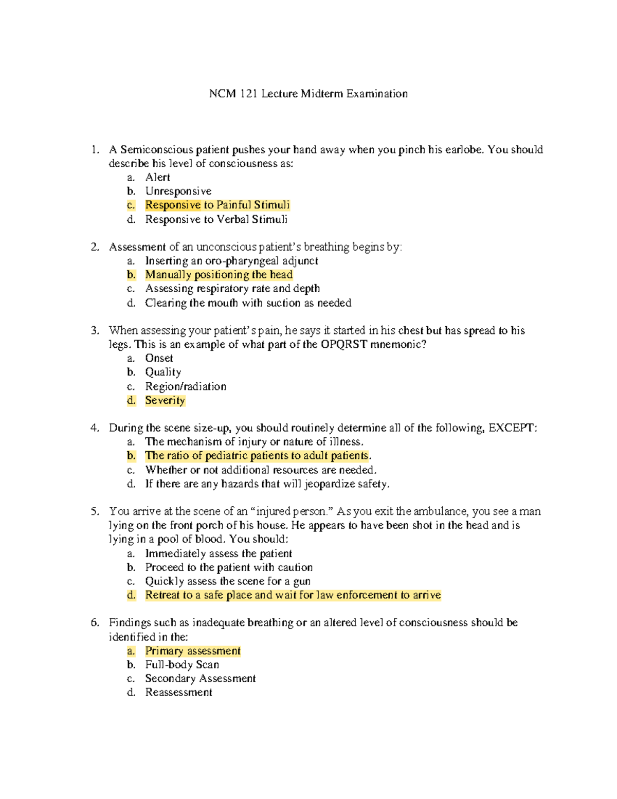 NCM 121 Midterm Exam Multiple Choice Questions and Answers - Studocu