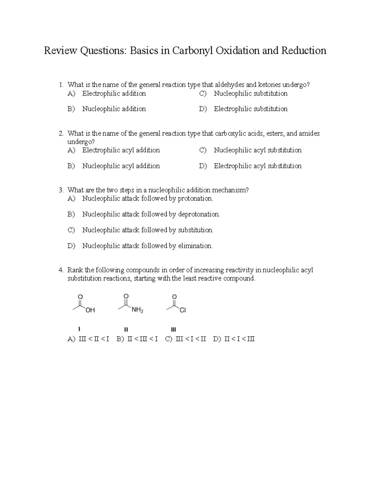 Review Questions: Oxidation & Reduction of Carbonyl Compounds - Studocu