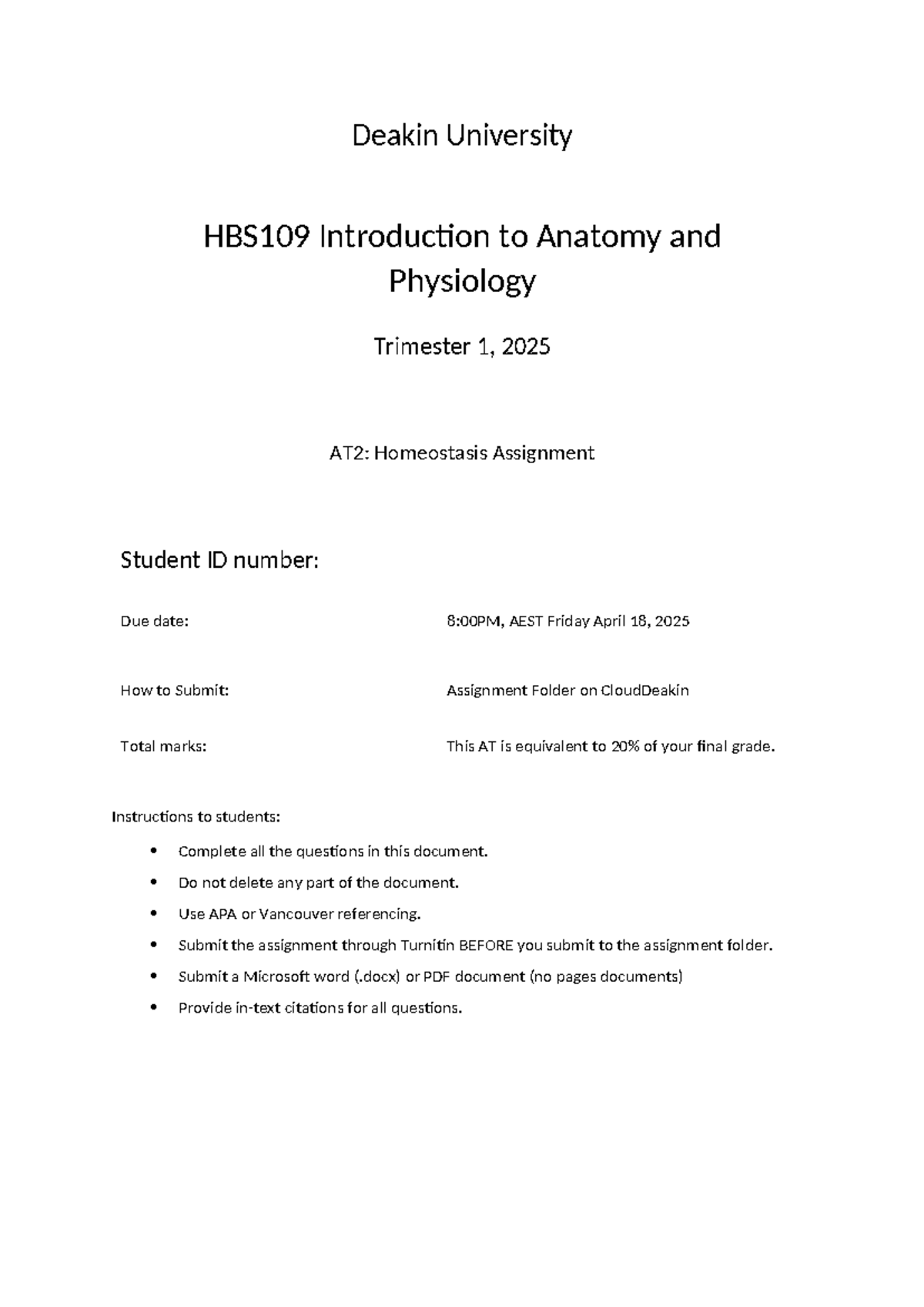 HBS109 AT2: Homeostasis Assignment - Anatomy & Physiology 2025 - Studocu