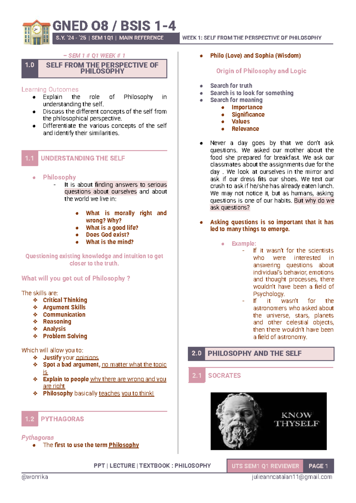 GNED O8 BSIS S.Y. SEM 1 Q1 WEEK 1: Philosophy of the Self - Studocu