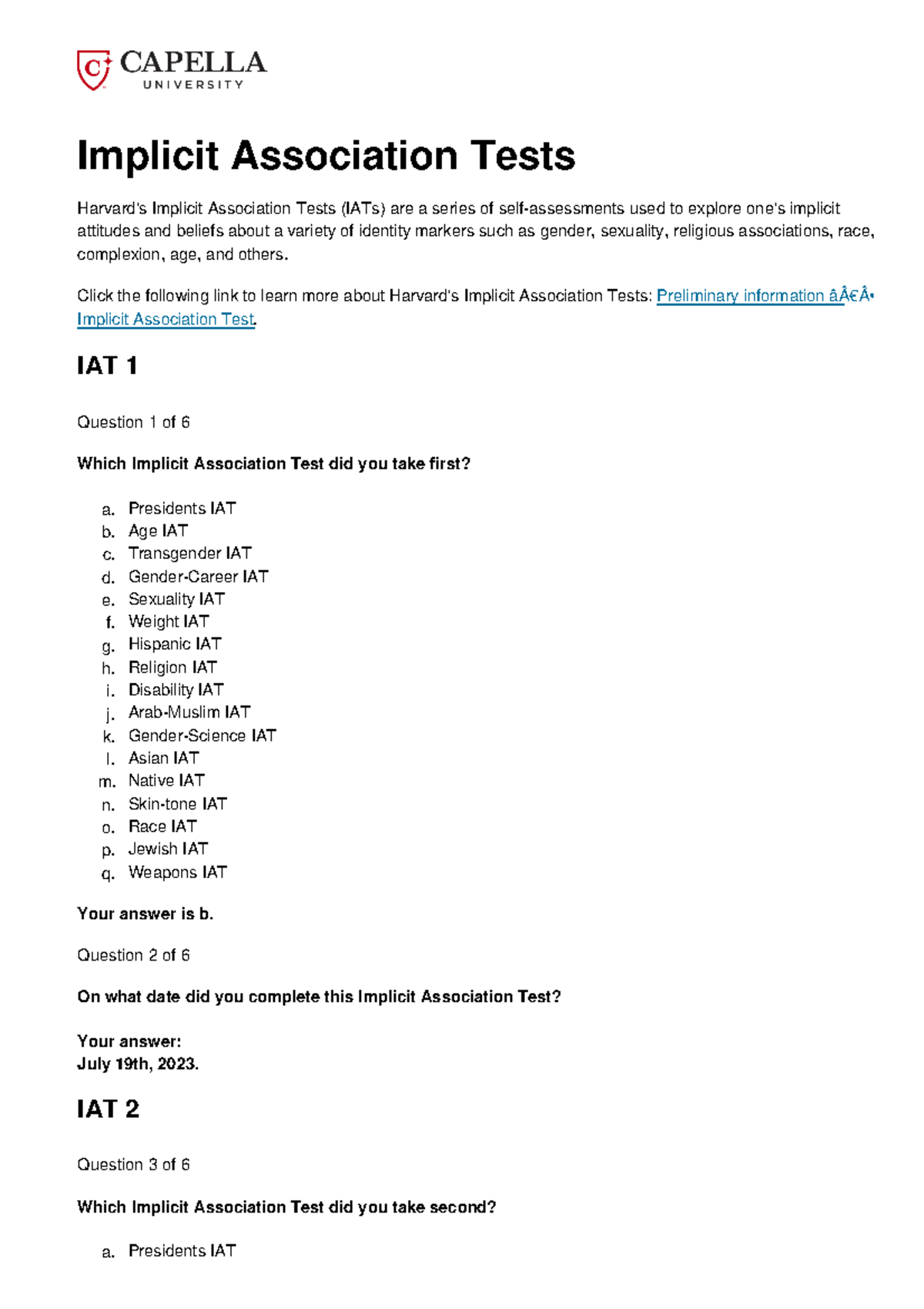 IAT Self-Assessment: Exploring Implicit Attitudes and Beliefs - Studocu
