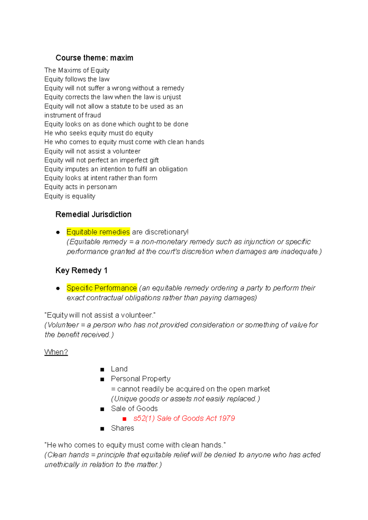 Equity Principles and Remedies: A Study Guide (LAW 101) - Studocu