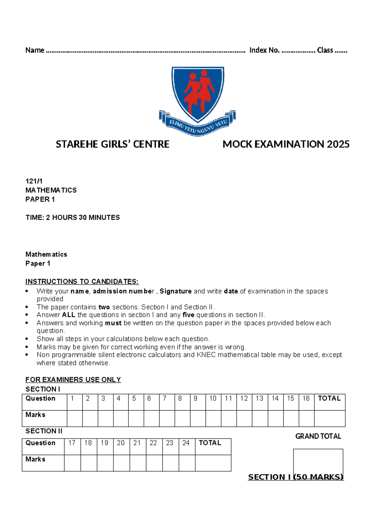Mathematics Mock Exam 2025 - Paper 1 (STAREHE CENTRE) - Studocu