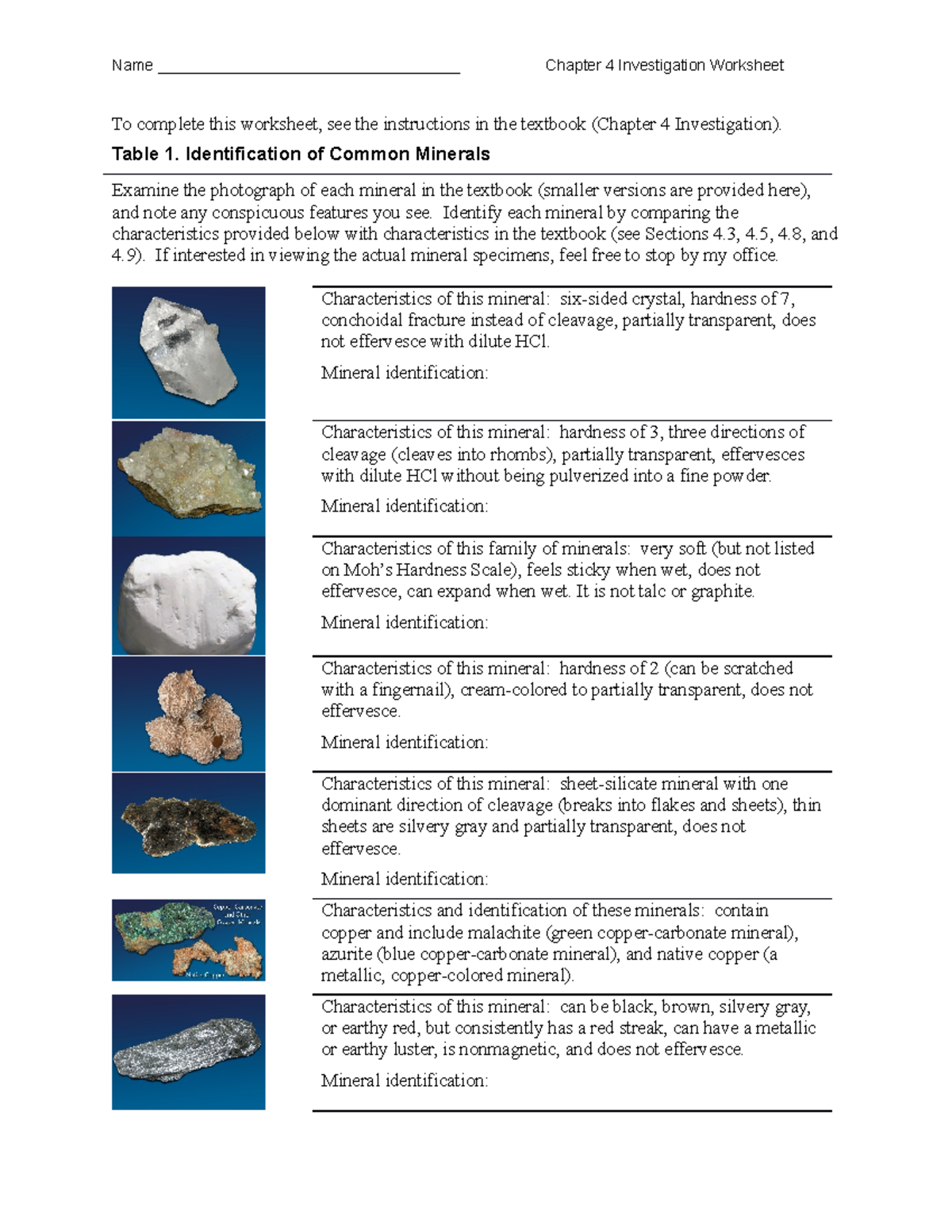 Chapter 4 Assignment #2A: Minerals Investigation Worksheet - Studocu