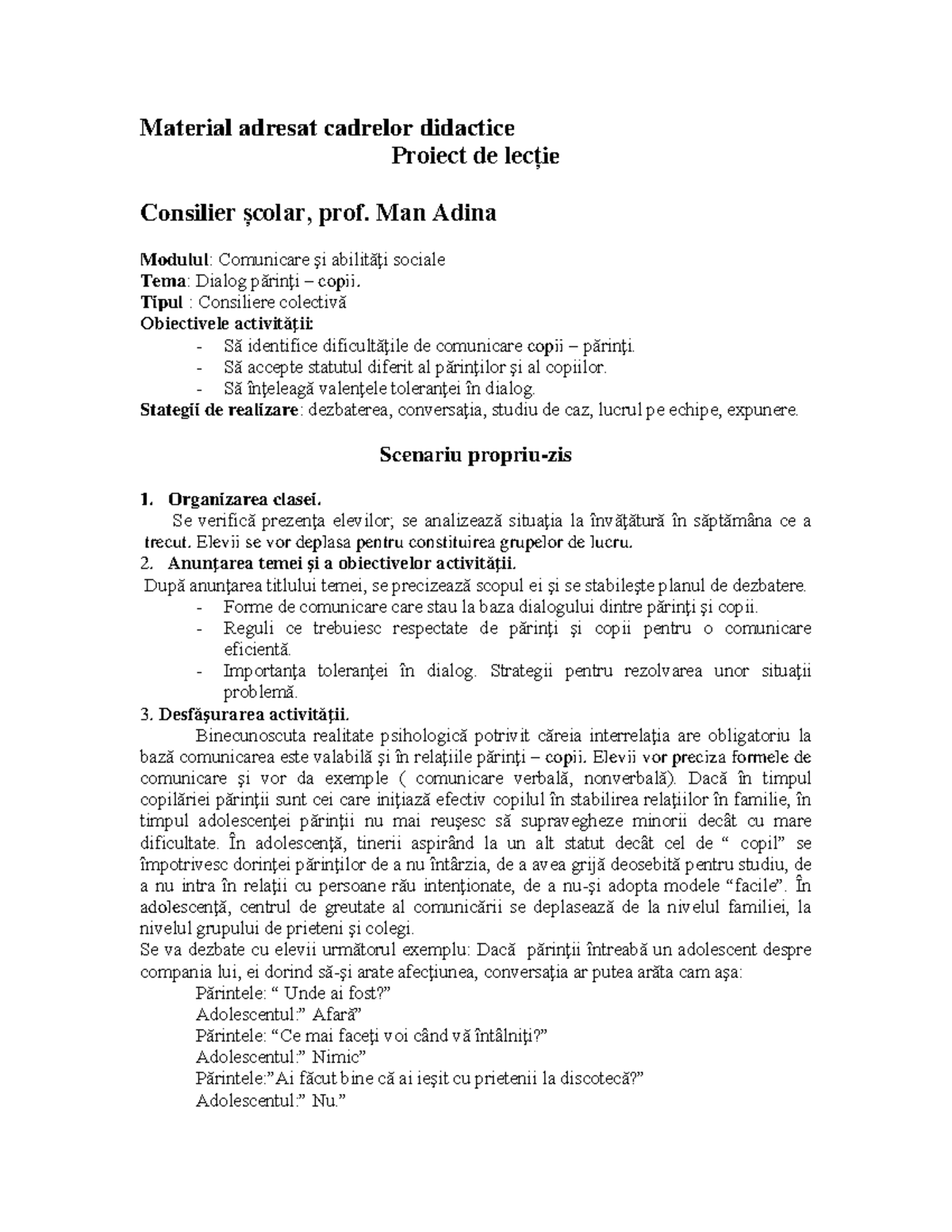 Proiect didactic: Relația Părinte-Copil - Consiliere Școlară - Studocu