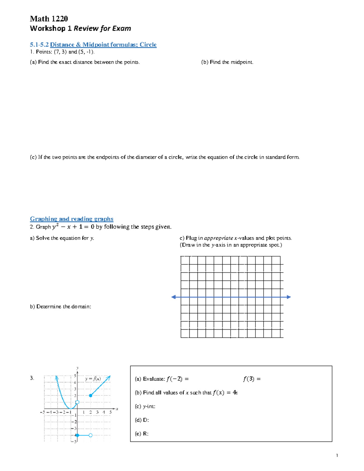 Math 1220 Workshop Review for Final Exam: Distances, Functions ...