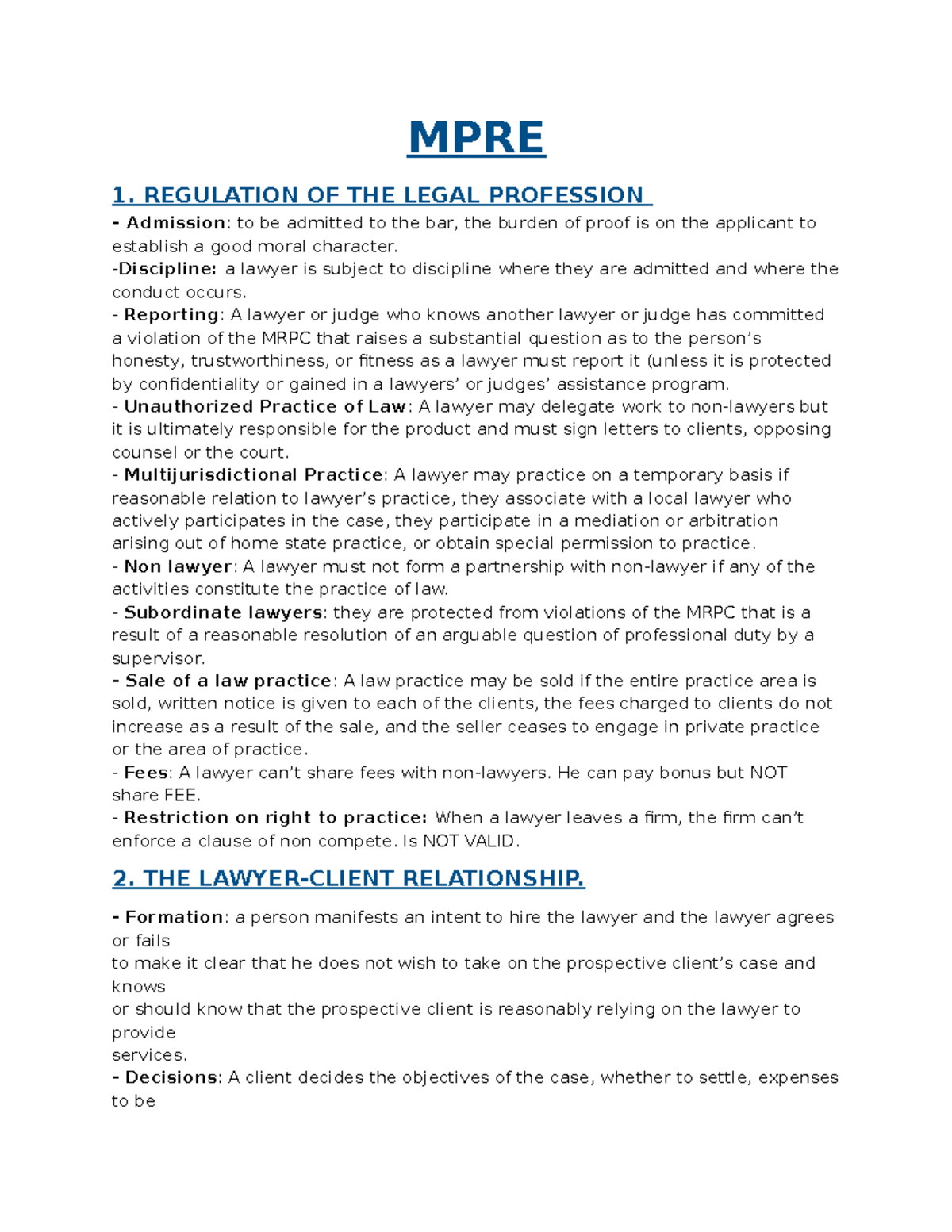 MPRE 1: Cheat Sheet Notes on Legal Profession Regulations - Studocu