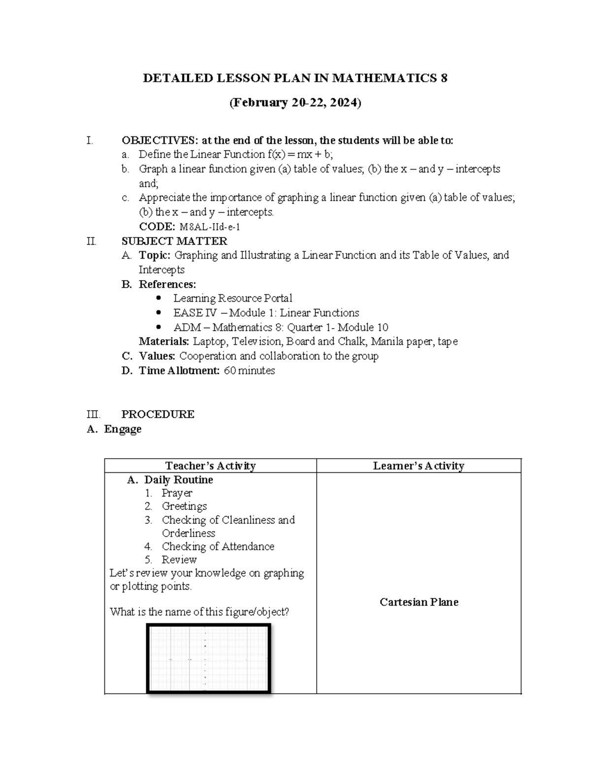 M8AL-IId-e- Lesson Plan: Graphing Linear Functions & Table Values - Studocu