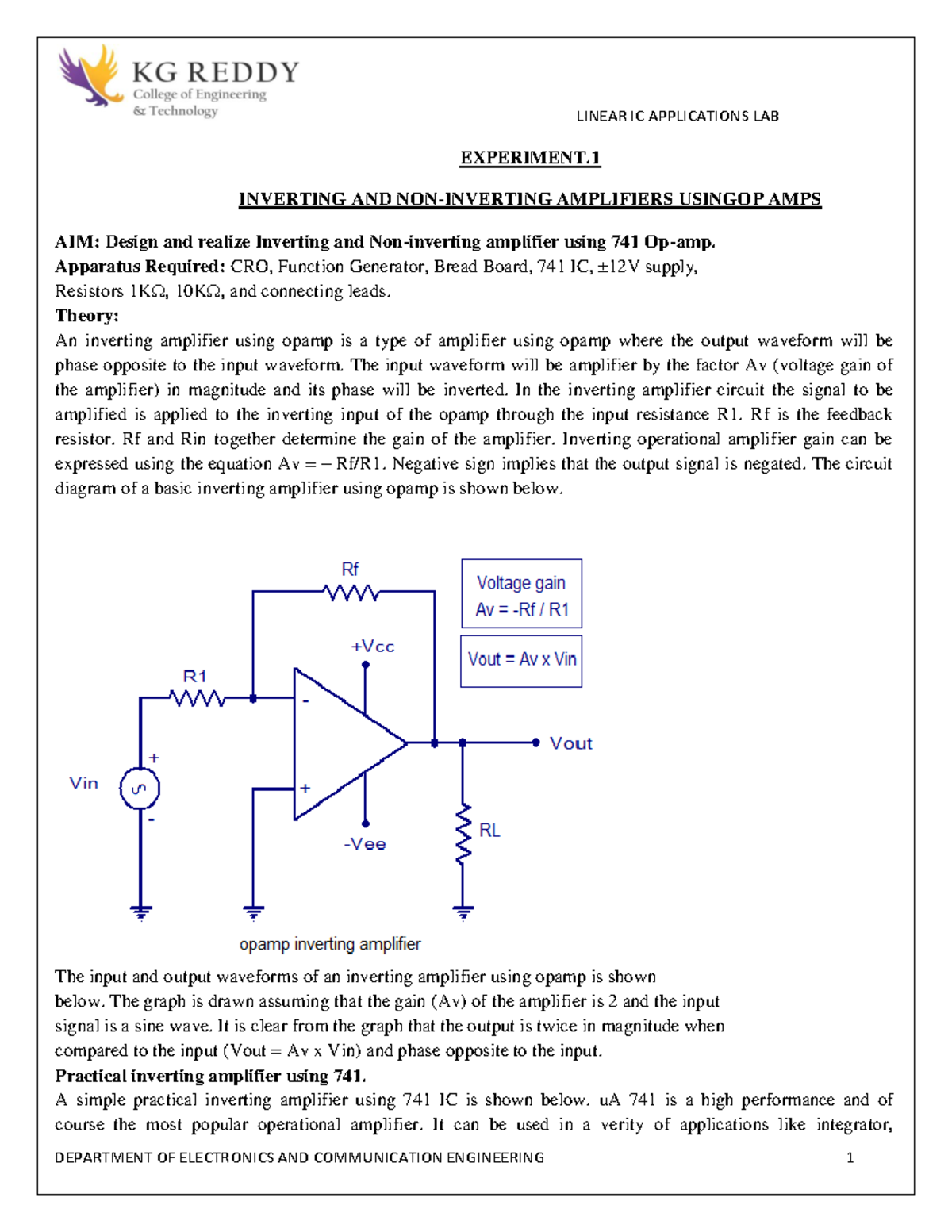 Lica Lab Manual Notes Experiment Inverting And Non Inverting Amplifiers Usingop Amps Aim