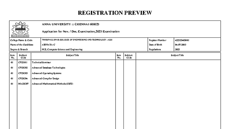 M.E. CSE 1st Sem Syllabus for Nov-Dec 2025 Exams - Anna University - Studocu