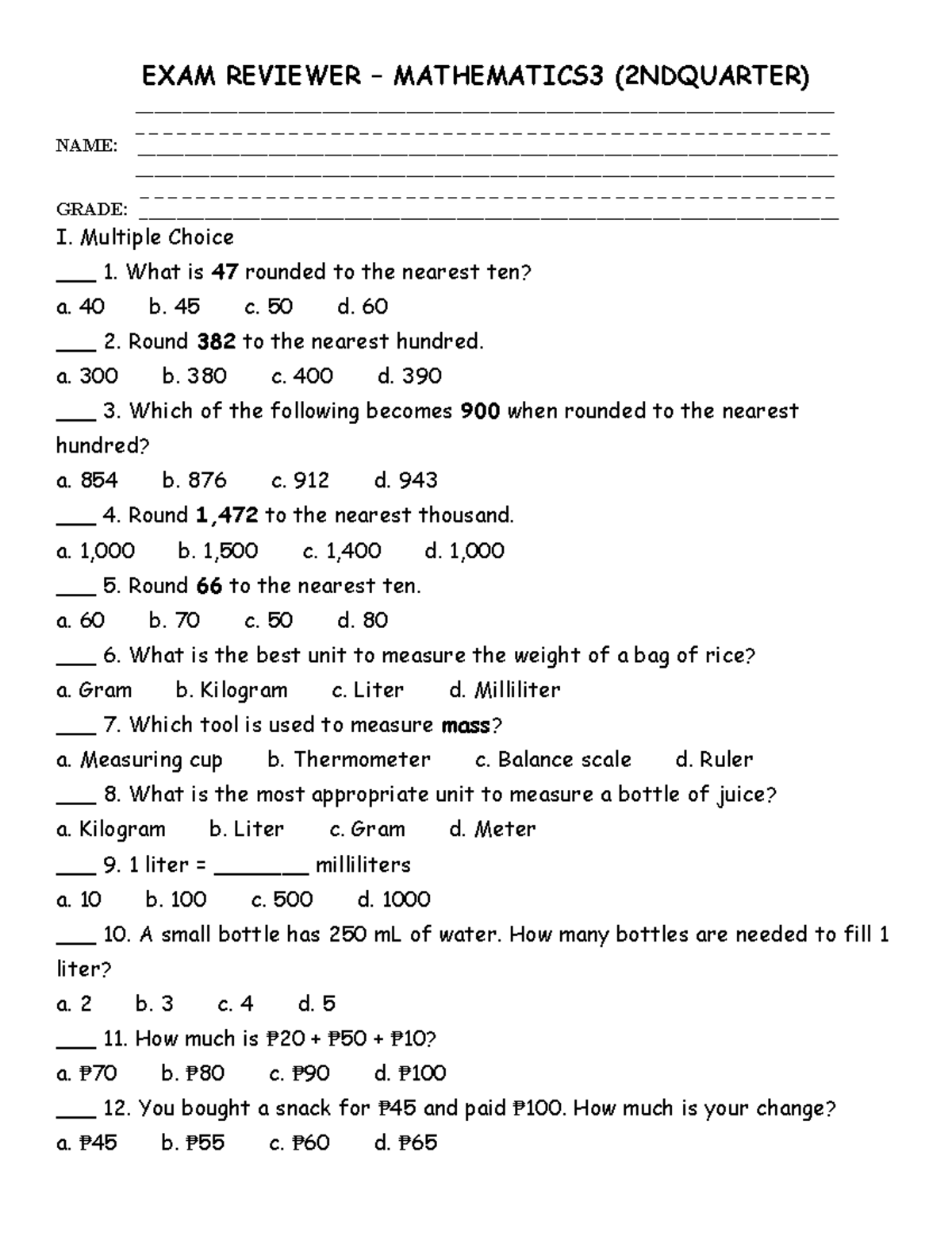 EXAM REVIEWER MATHEMATICS 3 (2ND QUARTER) - MULTIPLE CHOICE QUESTIONS ...