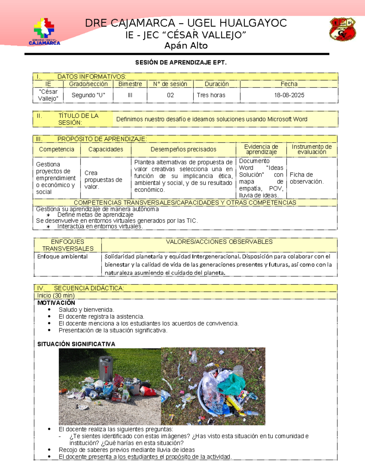 DRE CAJAMARCA IE JEC Apán Alto - Sesión de Aprendizaje 2 - Studocu