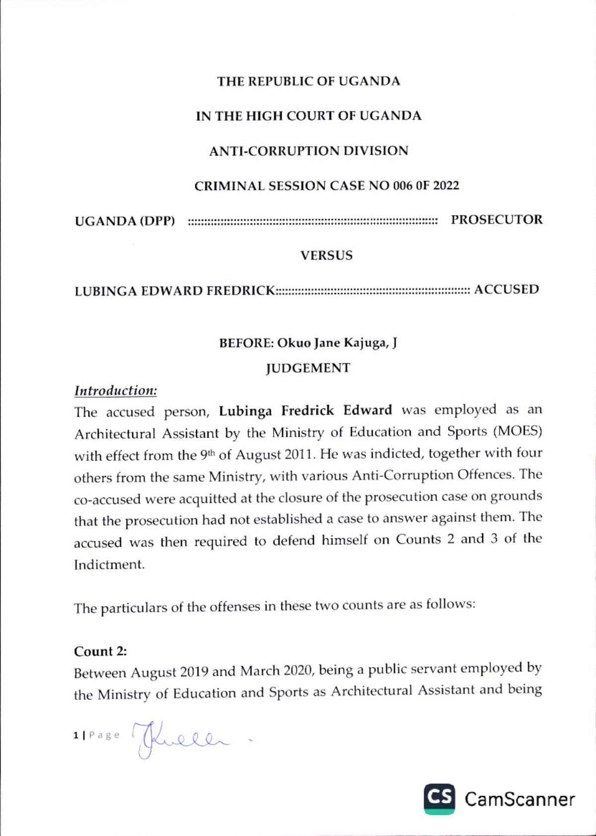 Uganda v Lubinga (Criminal Session 006 of 2022) judgment analysis - Studocu