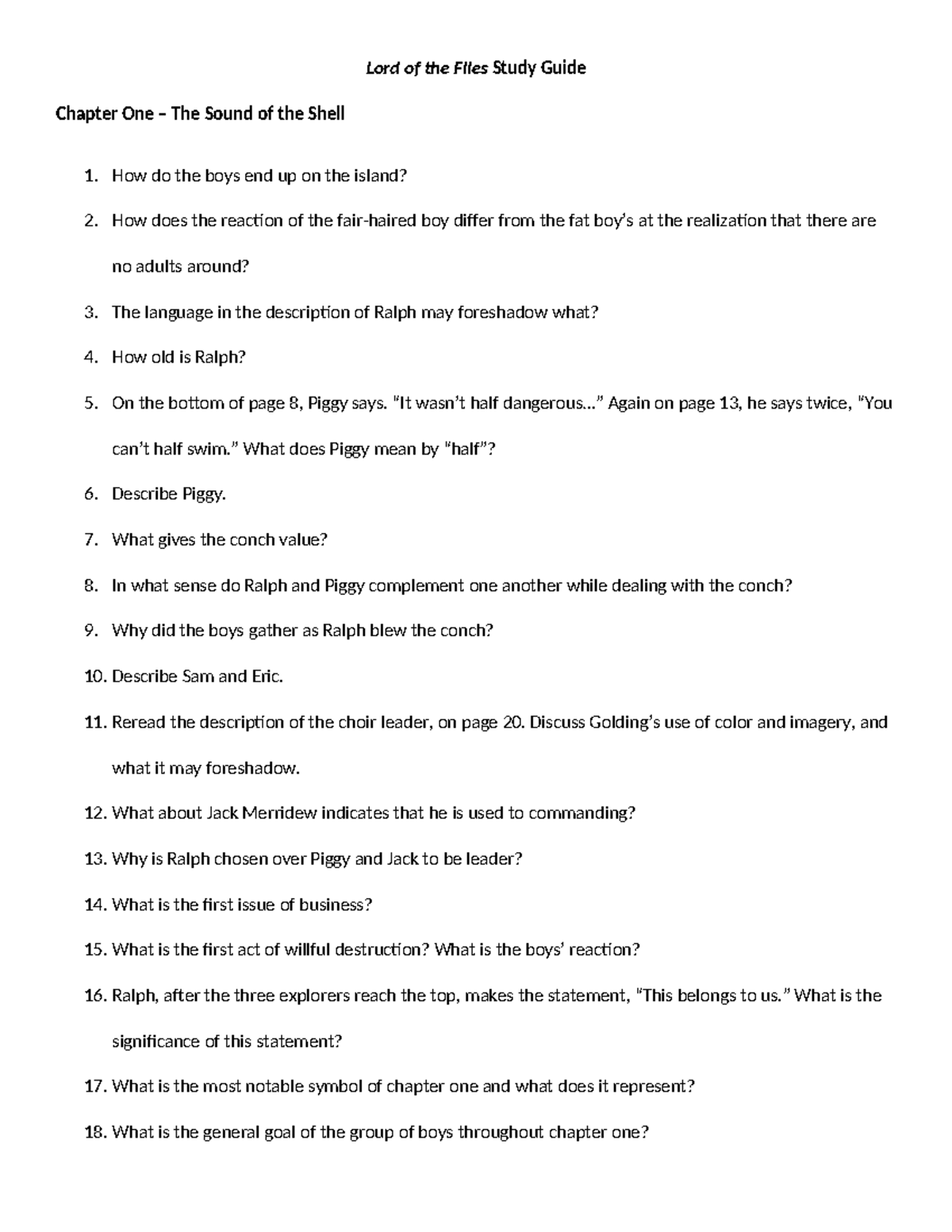 Lord of the Flies (ENG 210) Comprehensive Study Guide: Chapters 1-12 ...