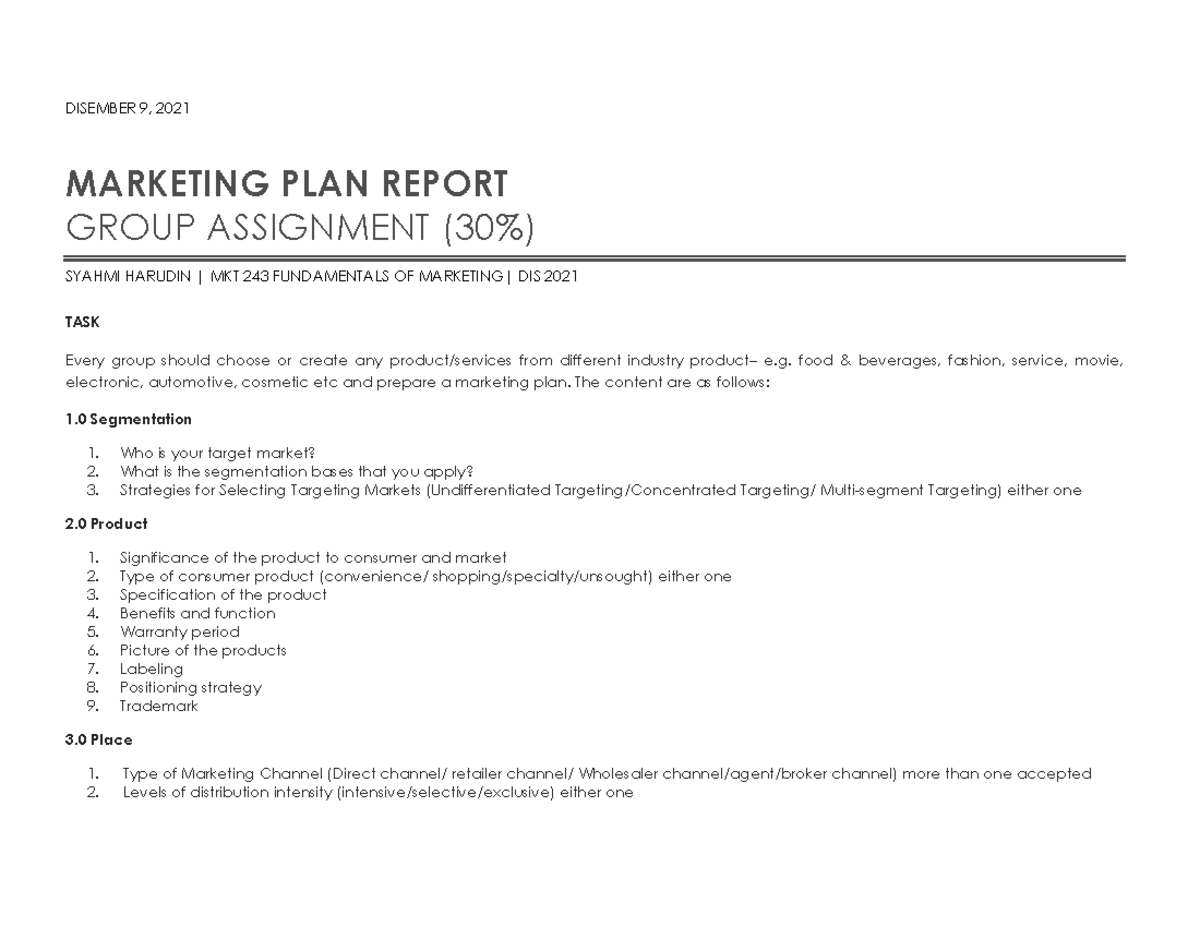 Marketing PLAN Report Guidelines 2021 - DISEMBER 9, 2021 MARKETING PLAN ...