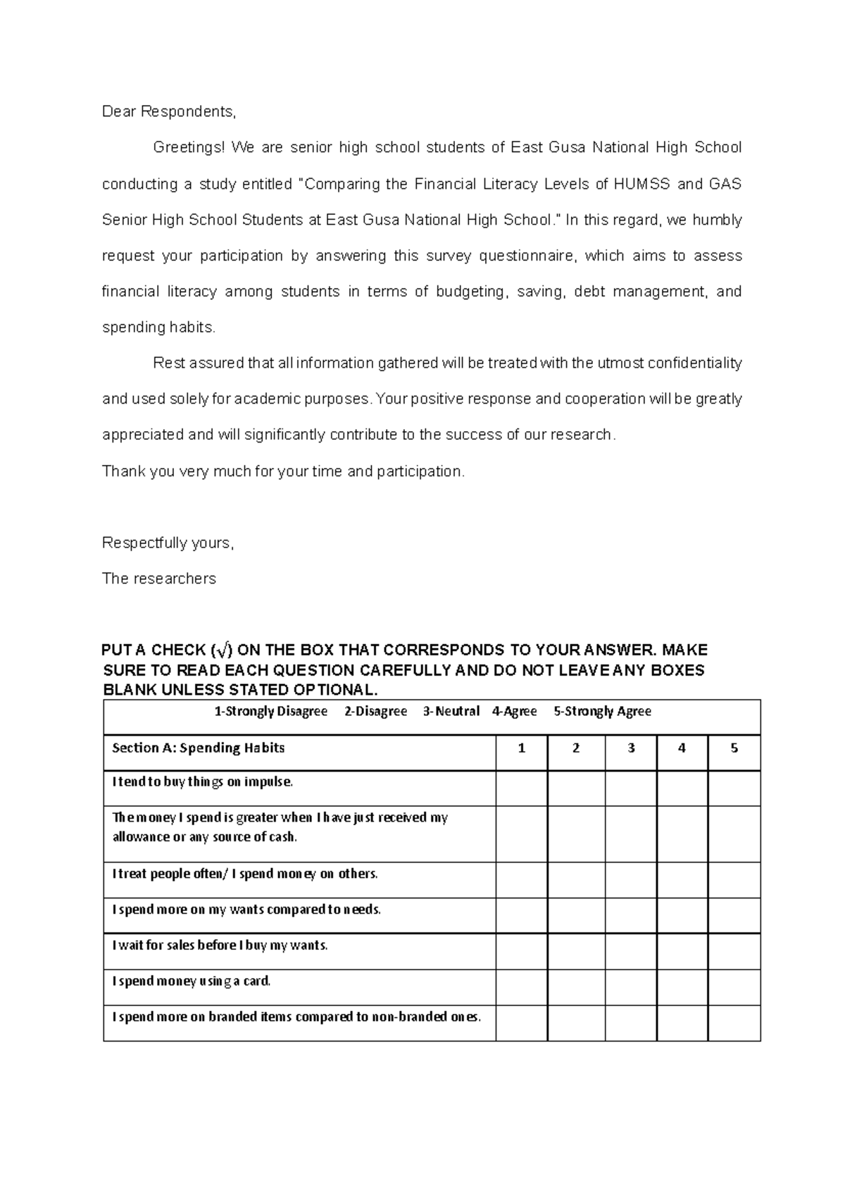 questionnaire for pr 2 - Dear Respondents, Greetings! We are senior ...
