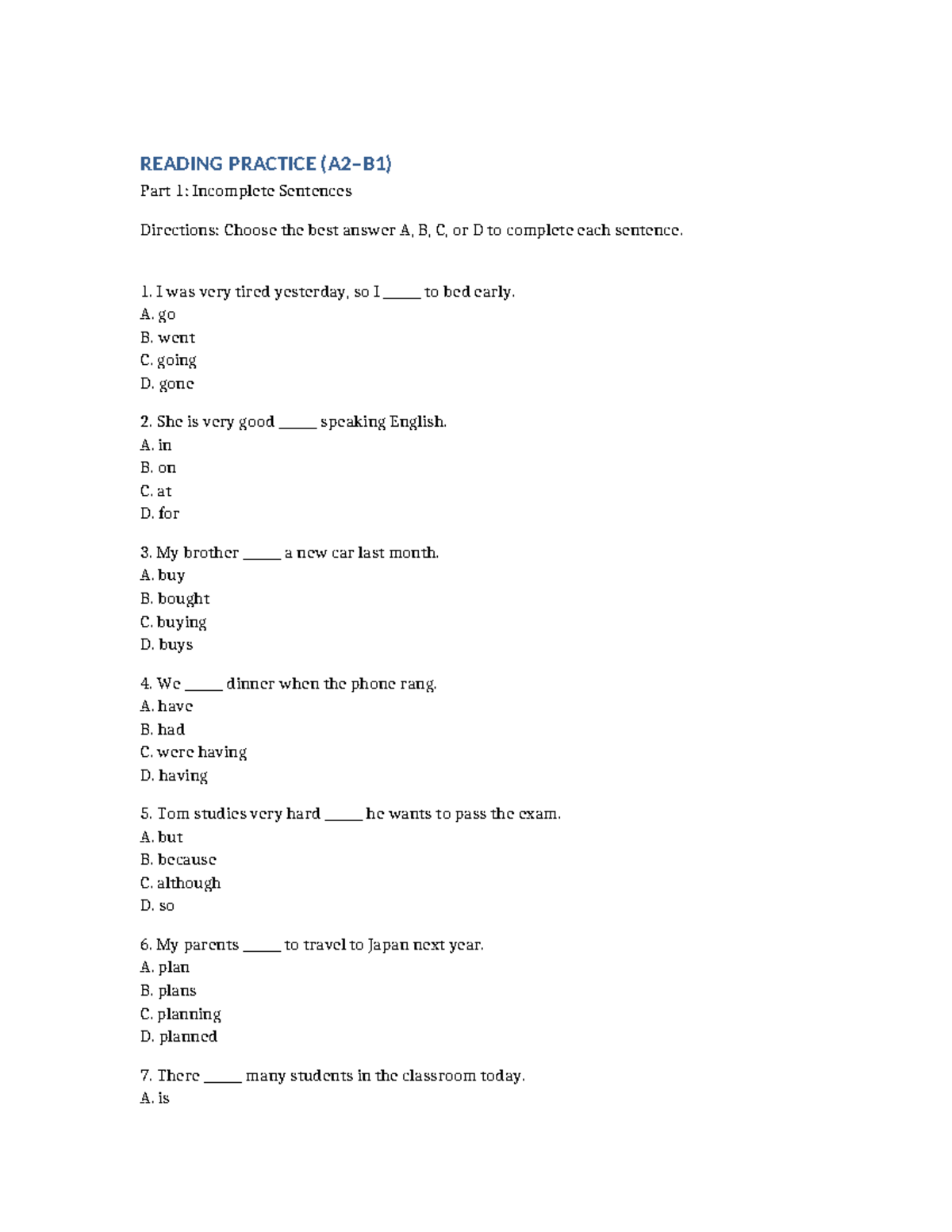 Reading Practice A2 B1: Incomplete Sentences Exercise - Studocu