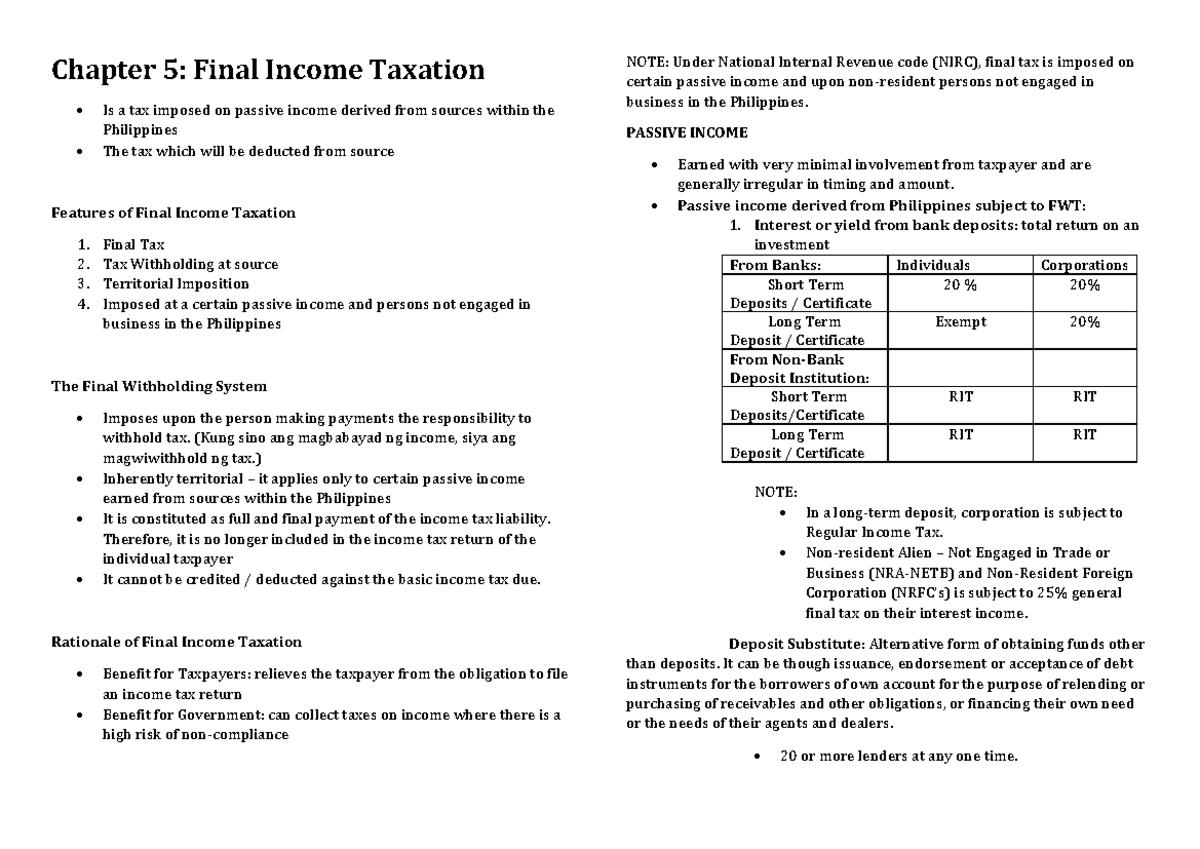 Income Taxation - CH 5 - Final Income Tax Overview and Key Points - Studocu