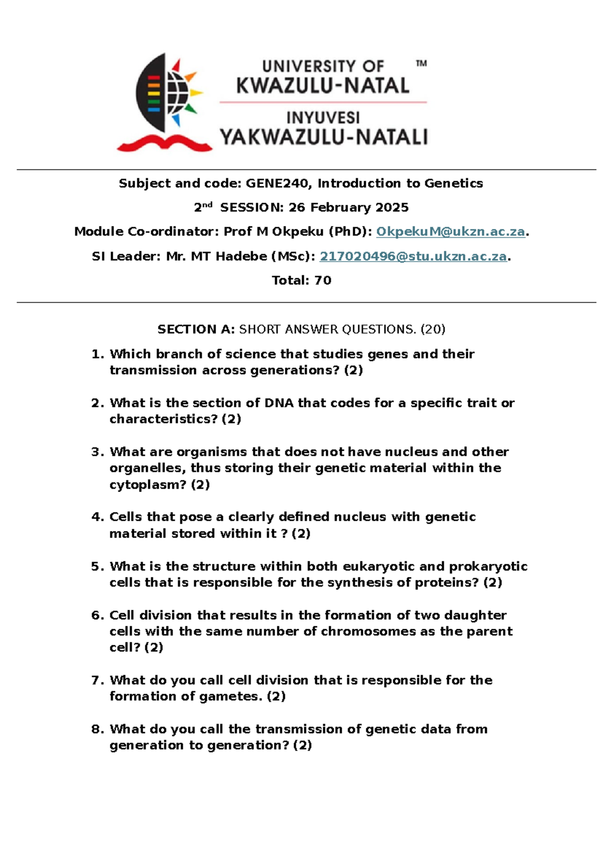 GENE240: Worksheet 1 - Introduction to Genetics (2nd Session) - Studocu